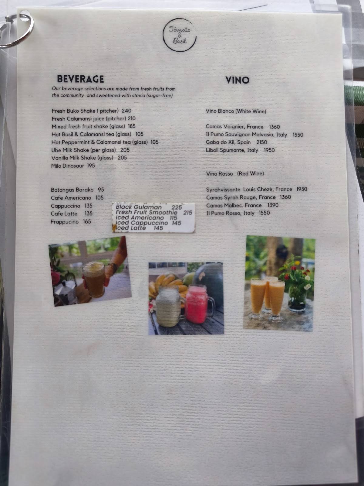 Menu at Tomato and Basil Cafe, Mataas Na Kahoy