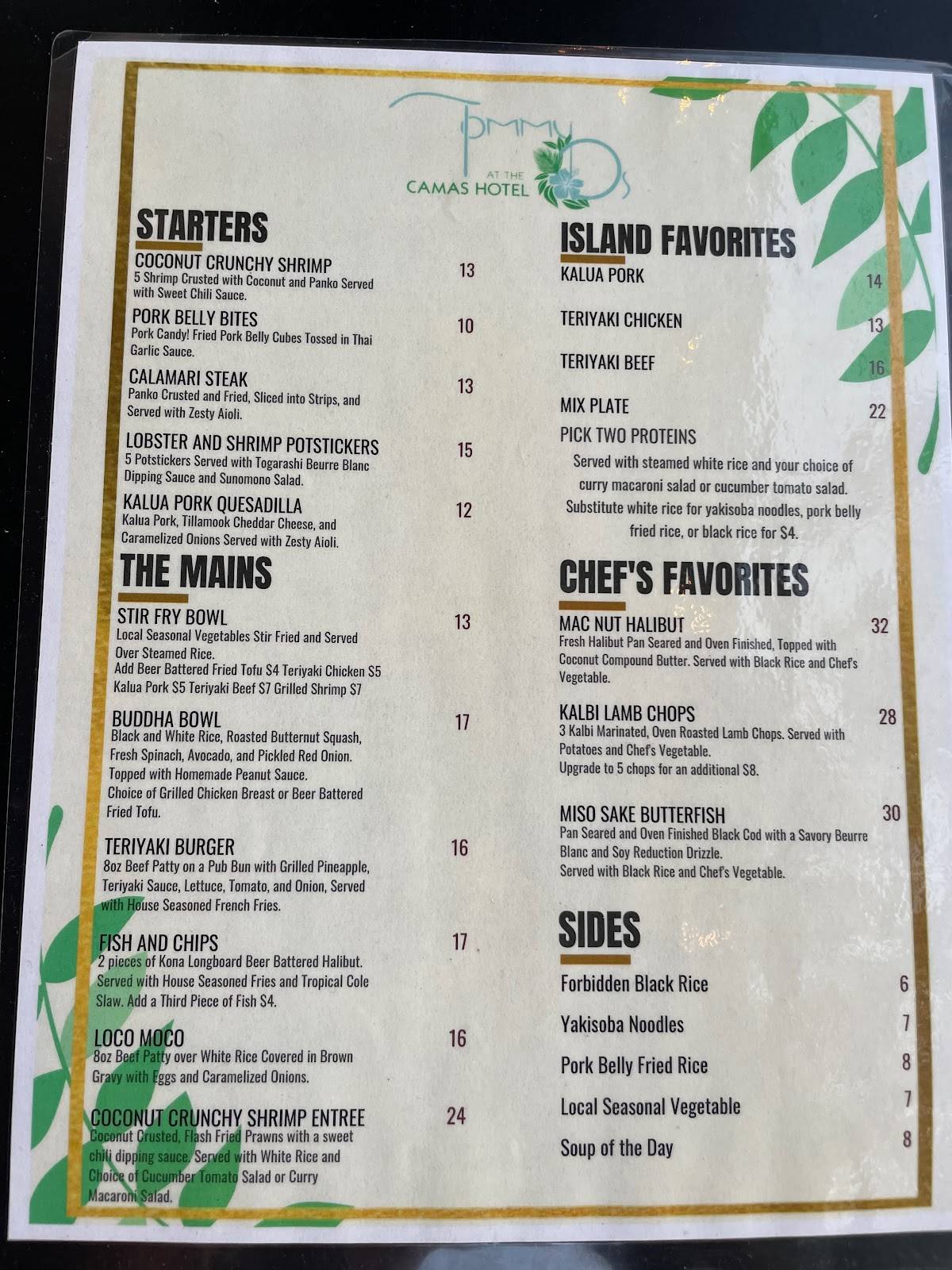 Menu at Tommy O's @ The Camas Hotel restaurant, Camas