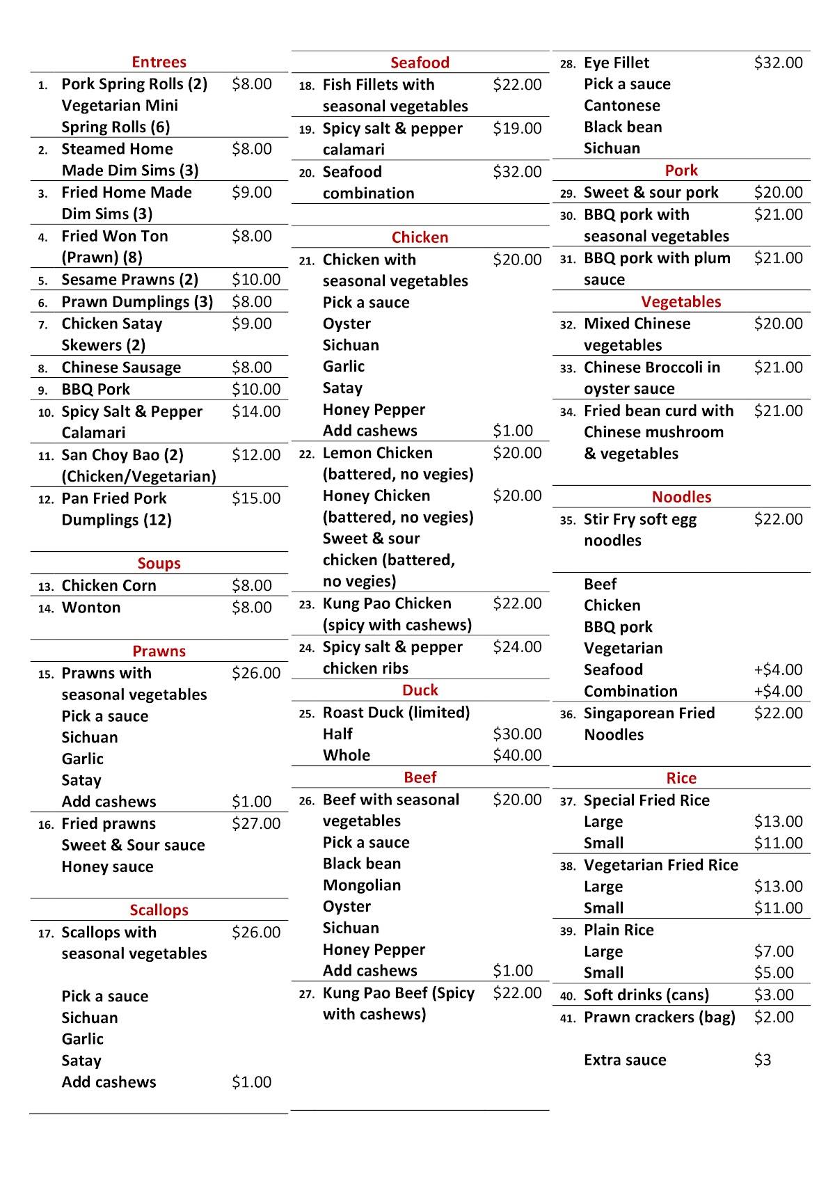 Menu at Tong Lok restaurant, Ashburton