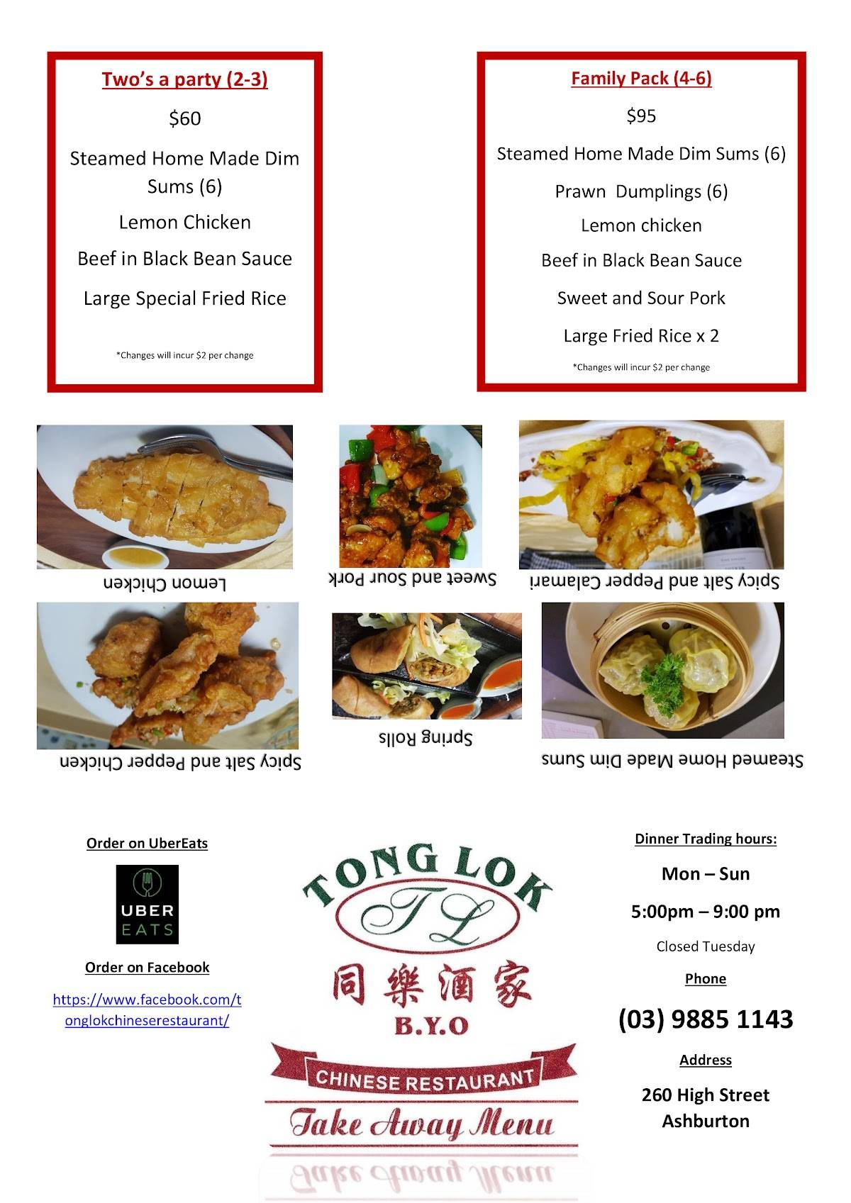 Menu at Tong Lok restaurant, Ashburton