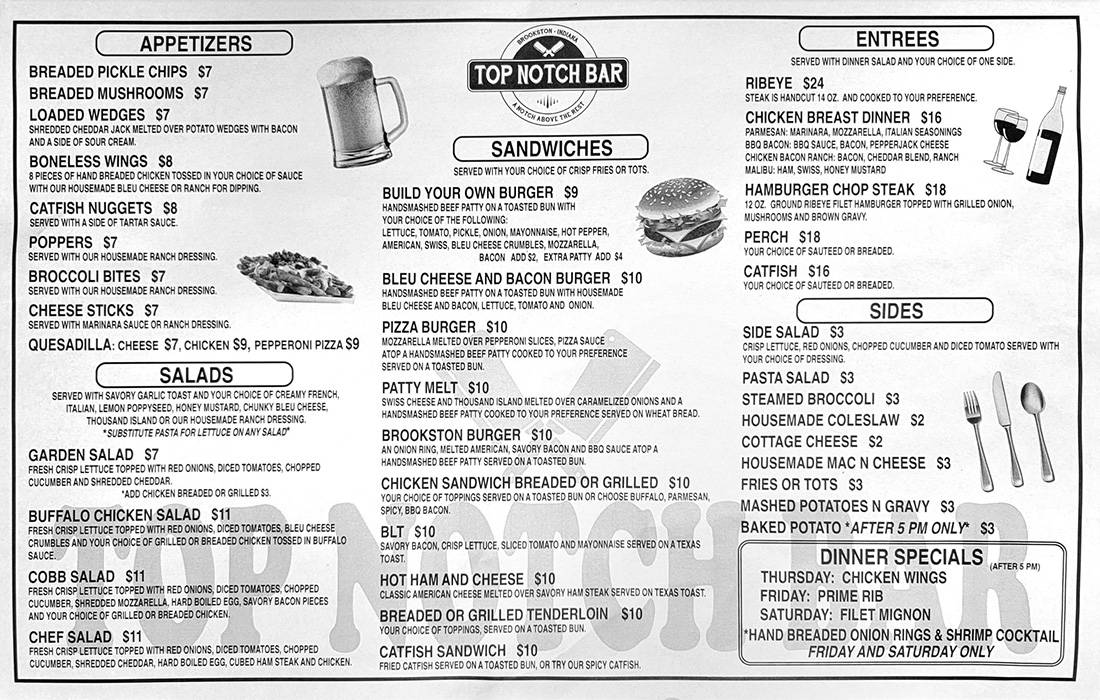 Menu at Top Notch Bar, Brookston