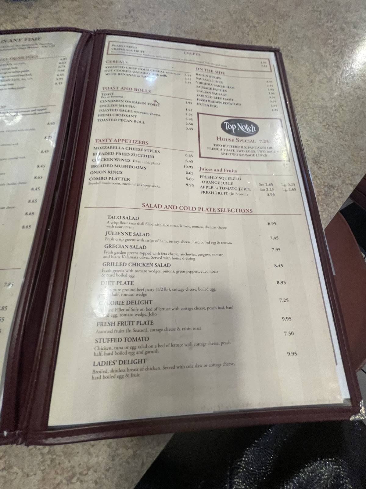 Menu at Top Notch Restaurant, Highland