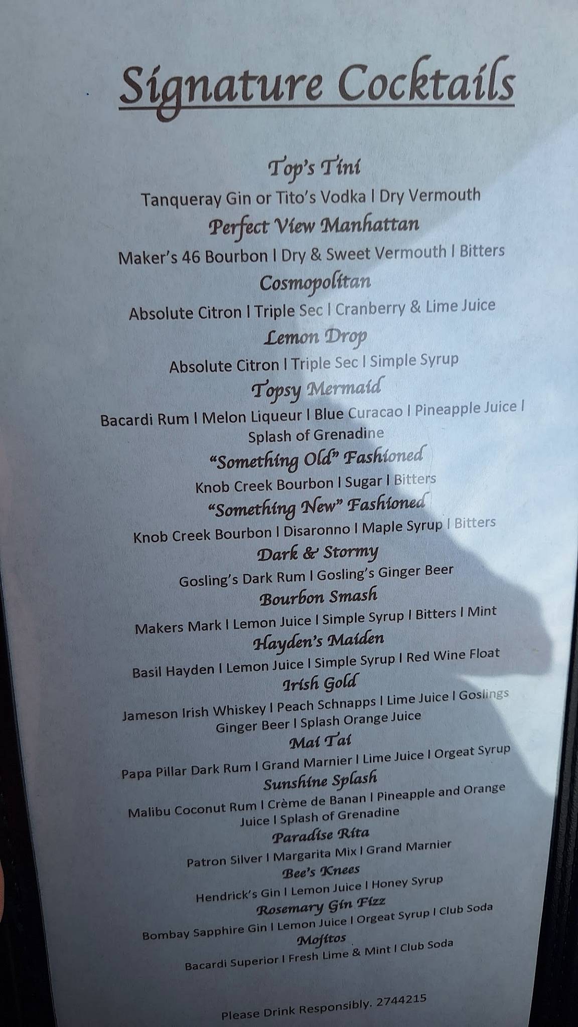 Menu at Top of Daytona Restaurant, Daytona Beach