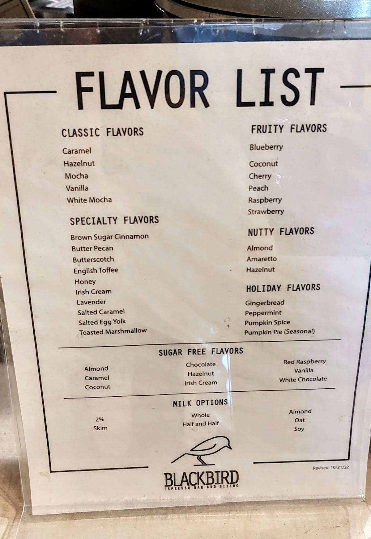 Menu at Blackbird Espresso Bar and Bistro, Topeka