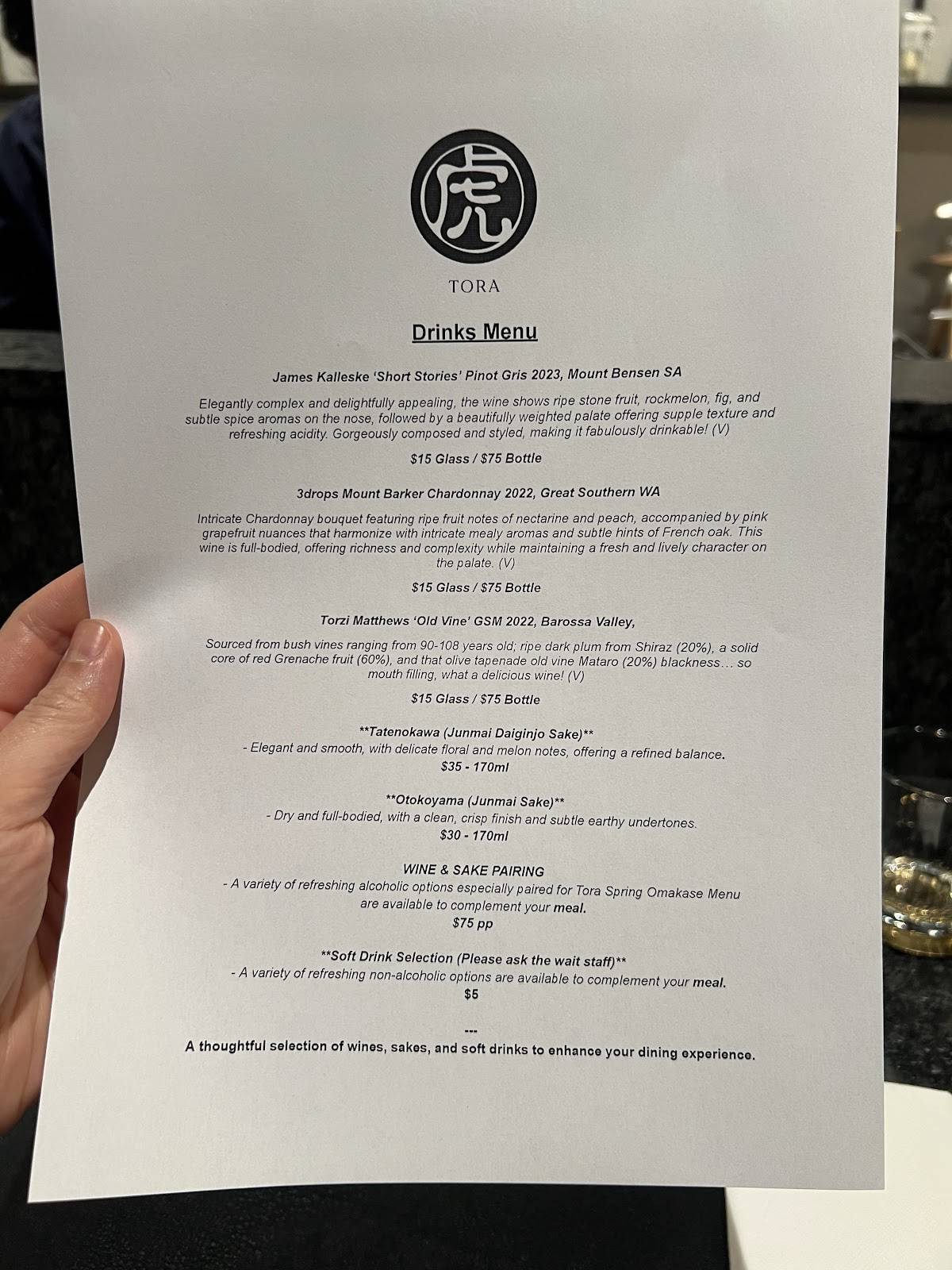 Menu at Tora Zushi restaurant, Leederville