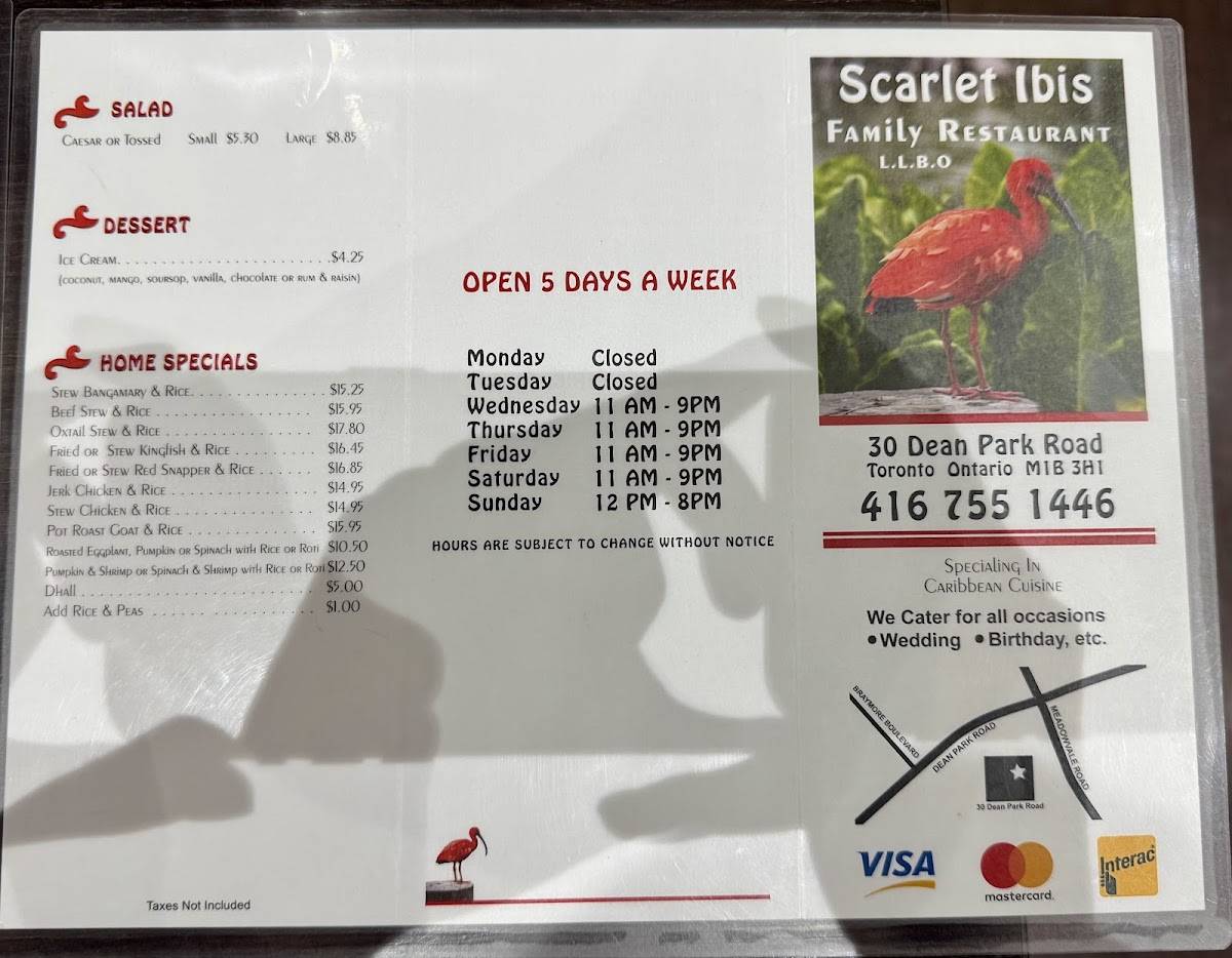 Menu at Scarlet Ibis Family Restaurant, Toronto
