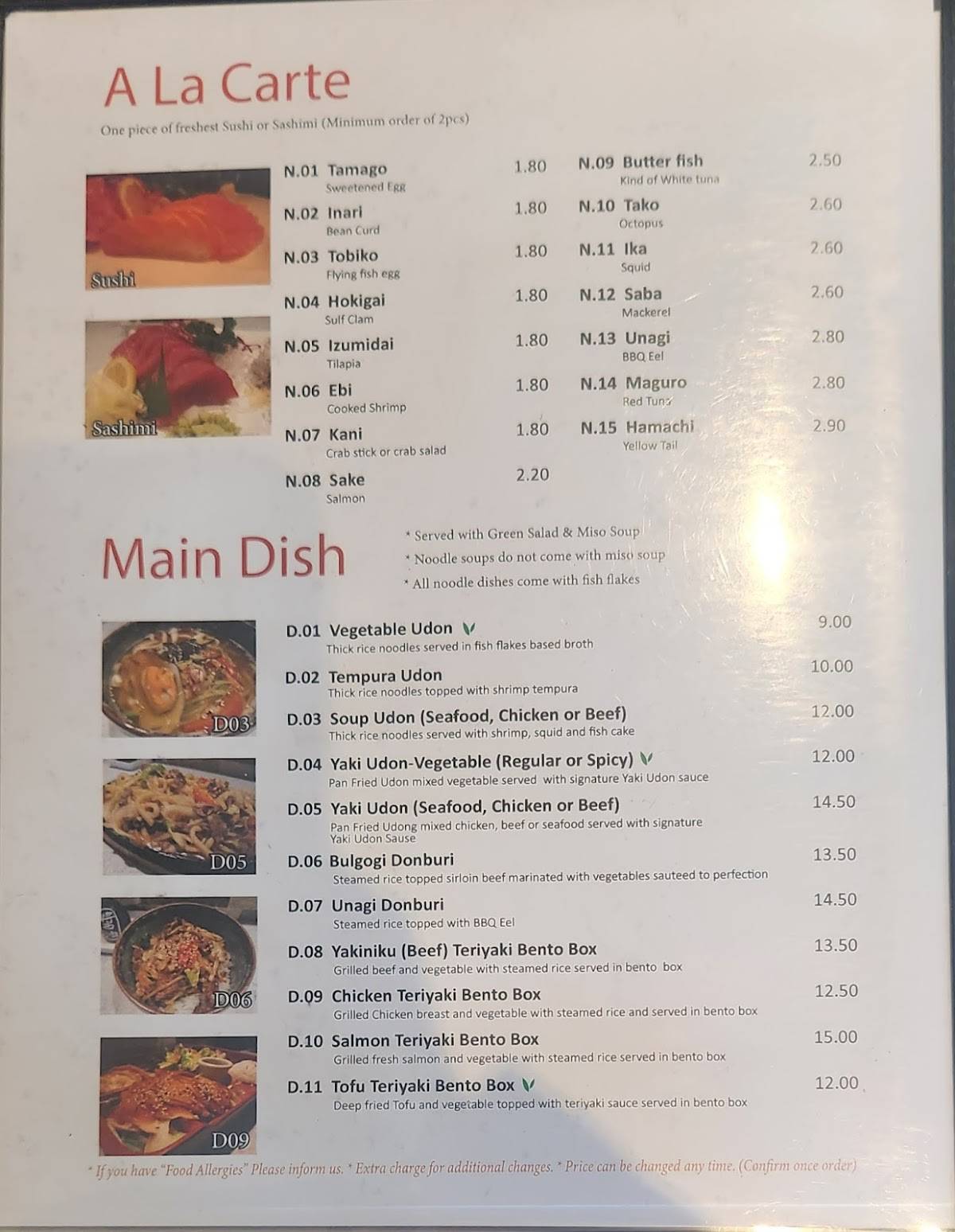 Menu at Sushi California restaurant, Toronto, St Clair Ave W