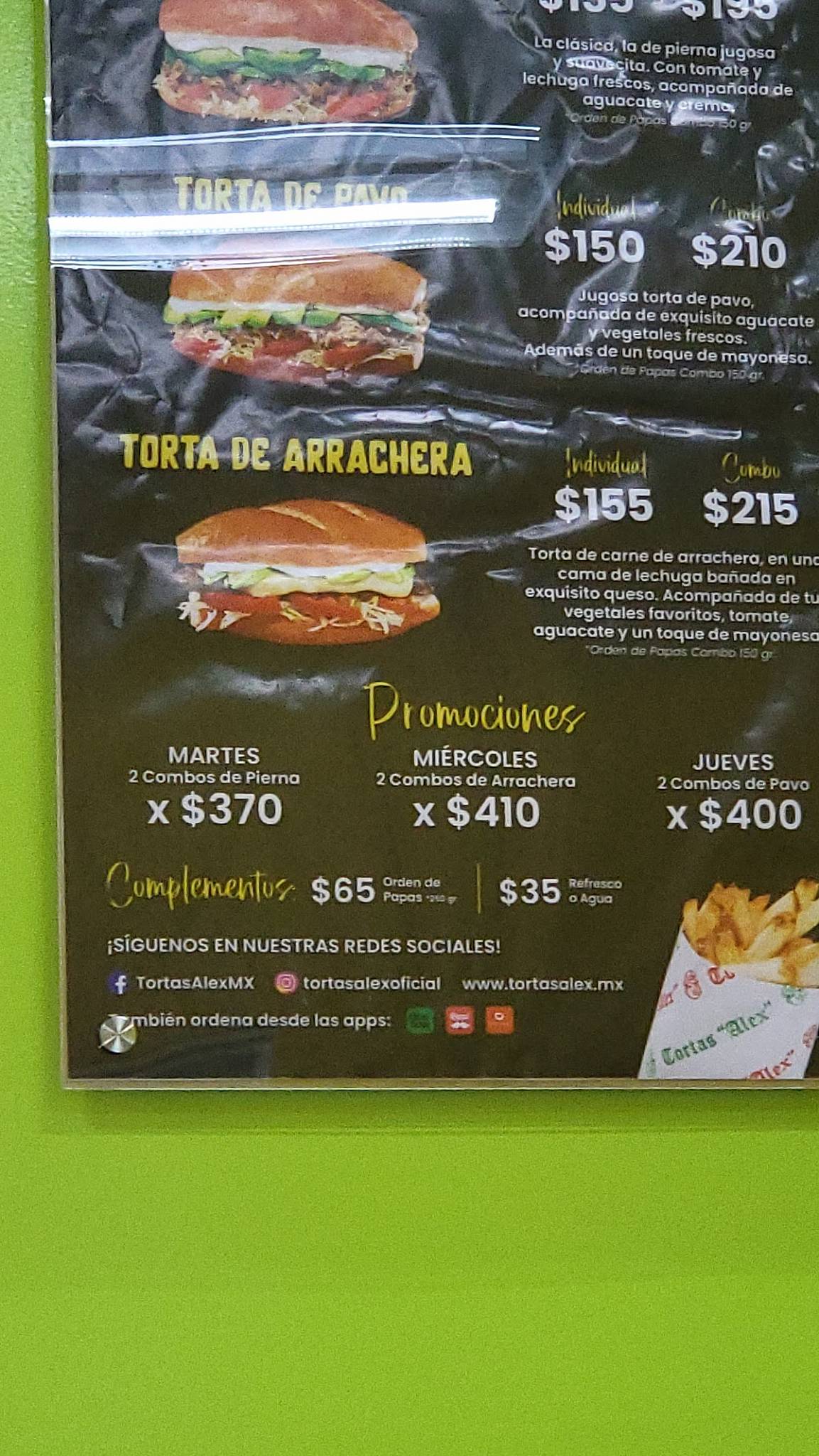 Carta del restaurante Tortas Alex Concordia, Apodaca
