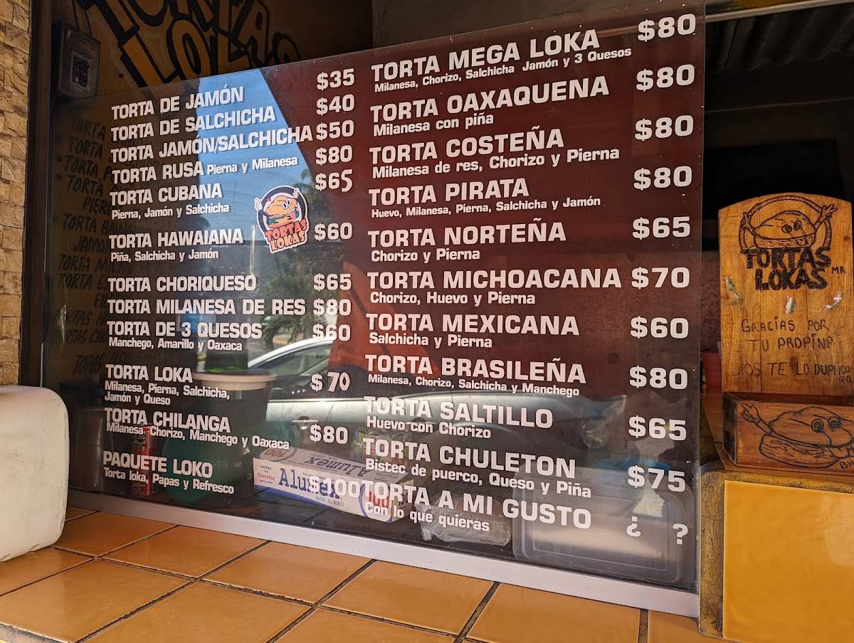 Menu at Tortas Locas restaurant, Zihuatanejo