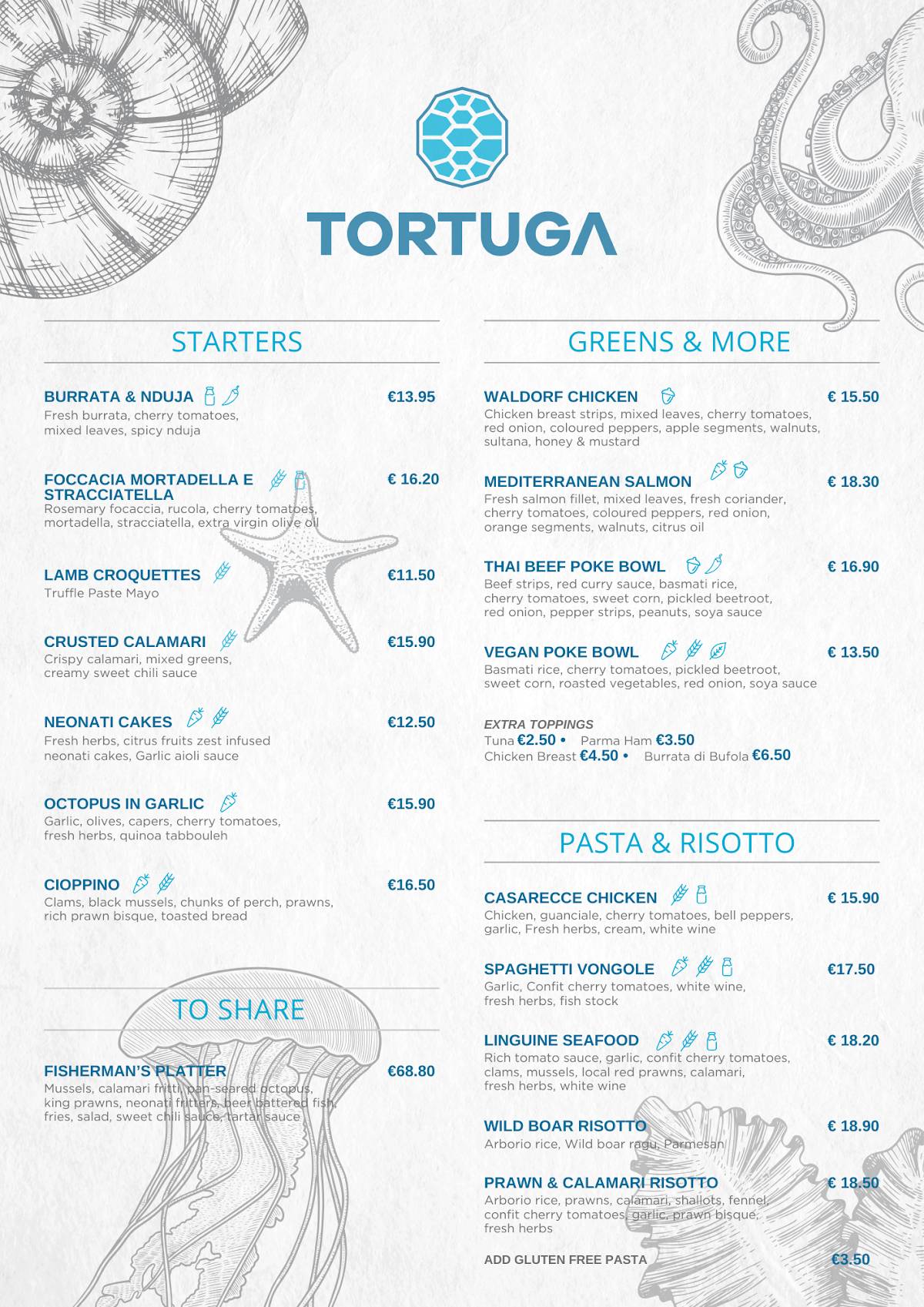 Menu at Tortuga Malta restaurant, Mellieha, Little Armier Bay