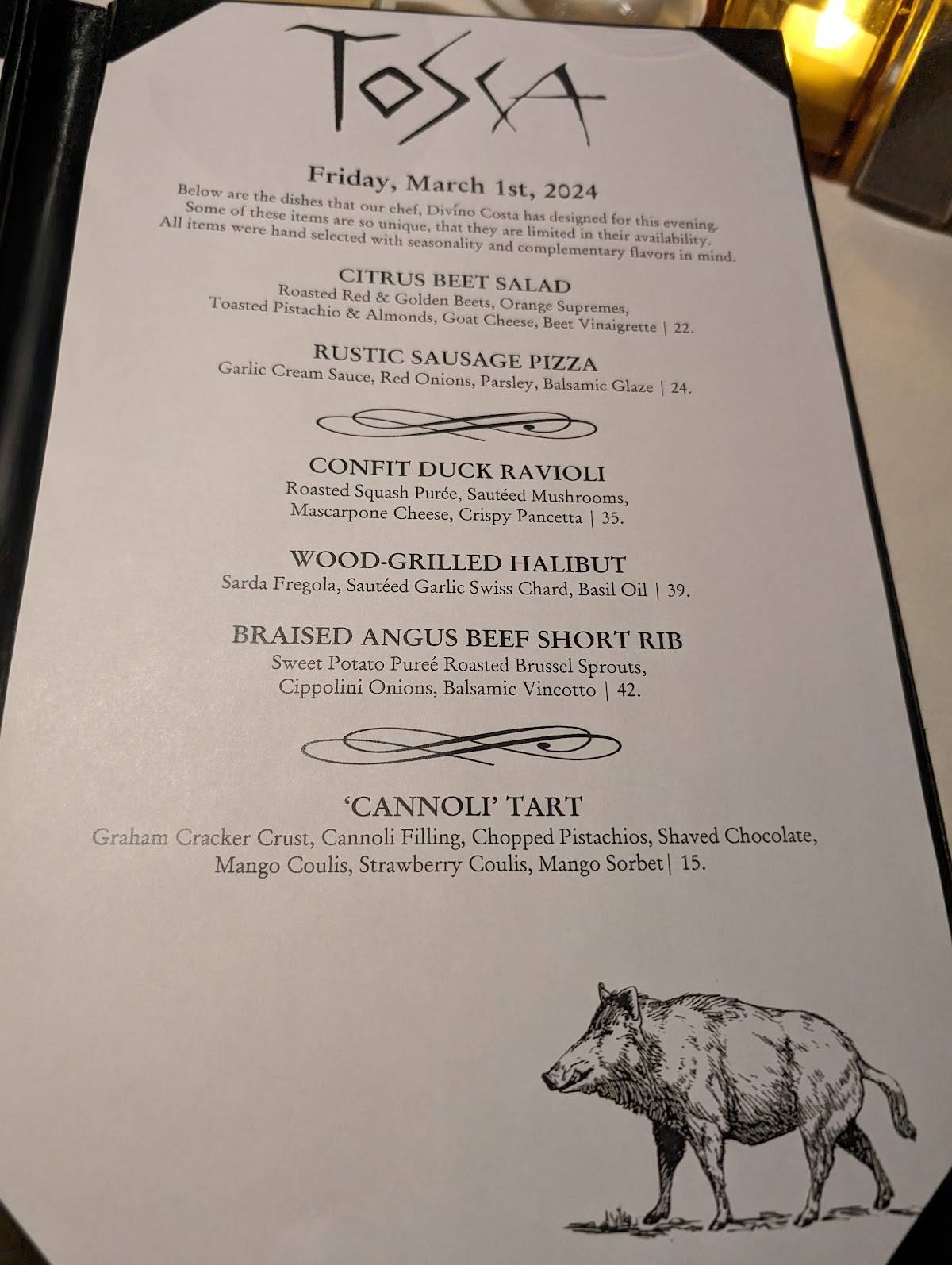 Menu at Tosca restaurant, Hingham