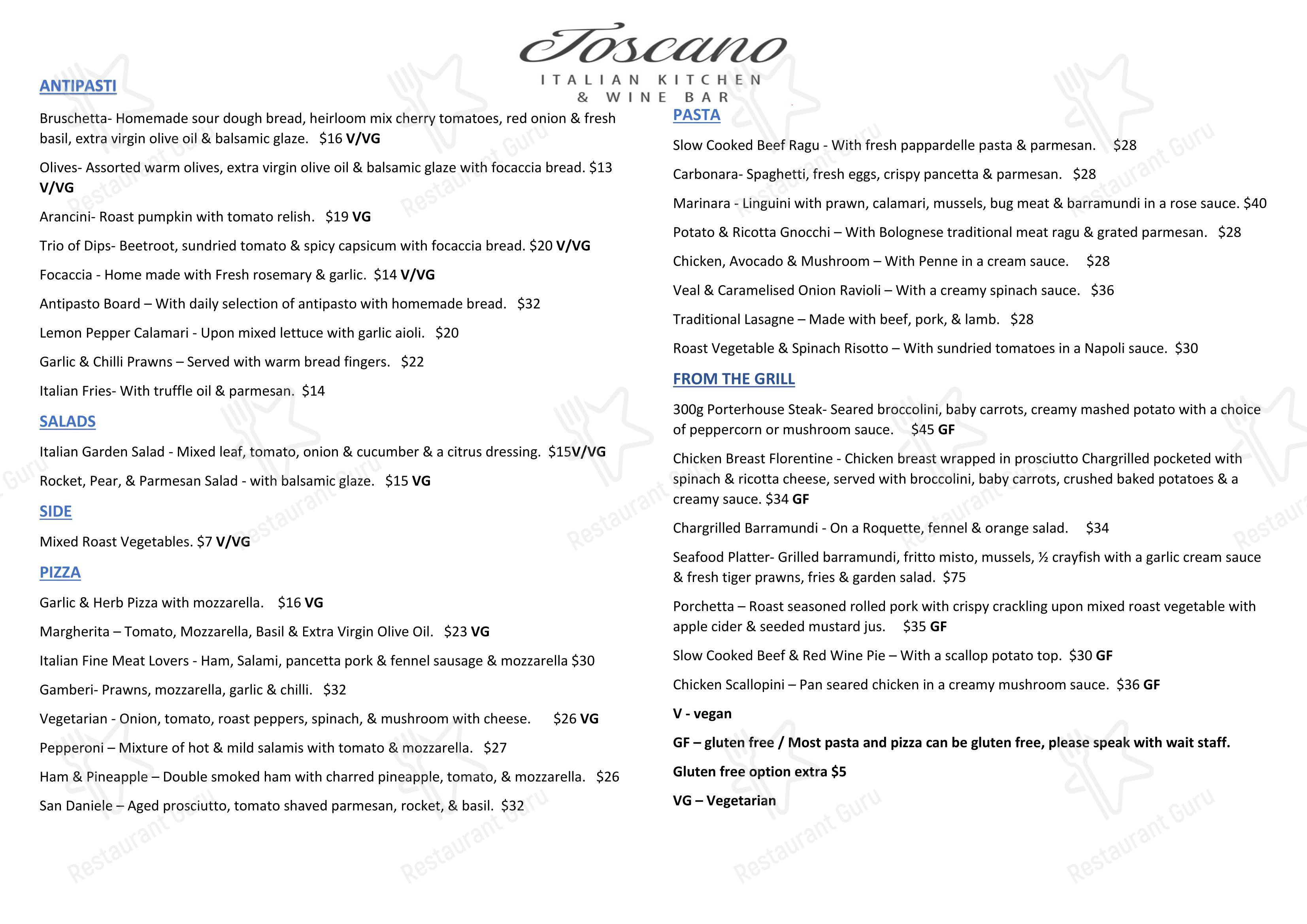 Menu at Toscano Italian Kitchen & Wine Bar, Hastings