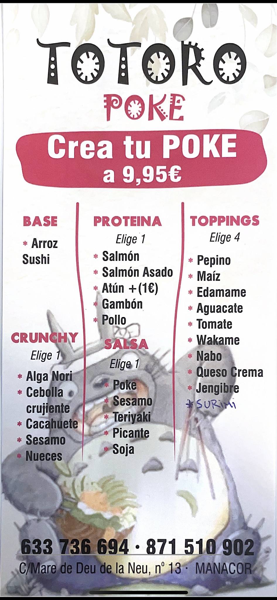 Carta del restaurante Totoro Sushi House, Manacor