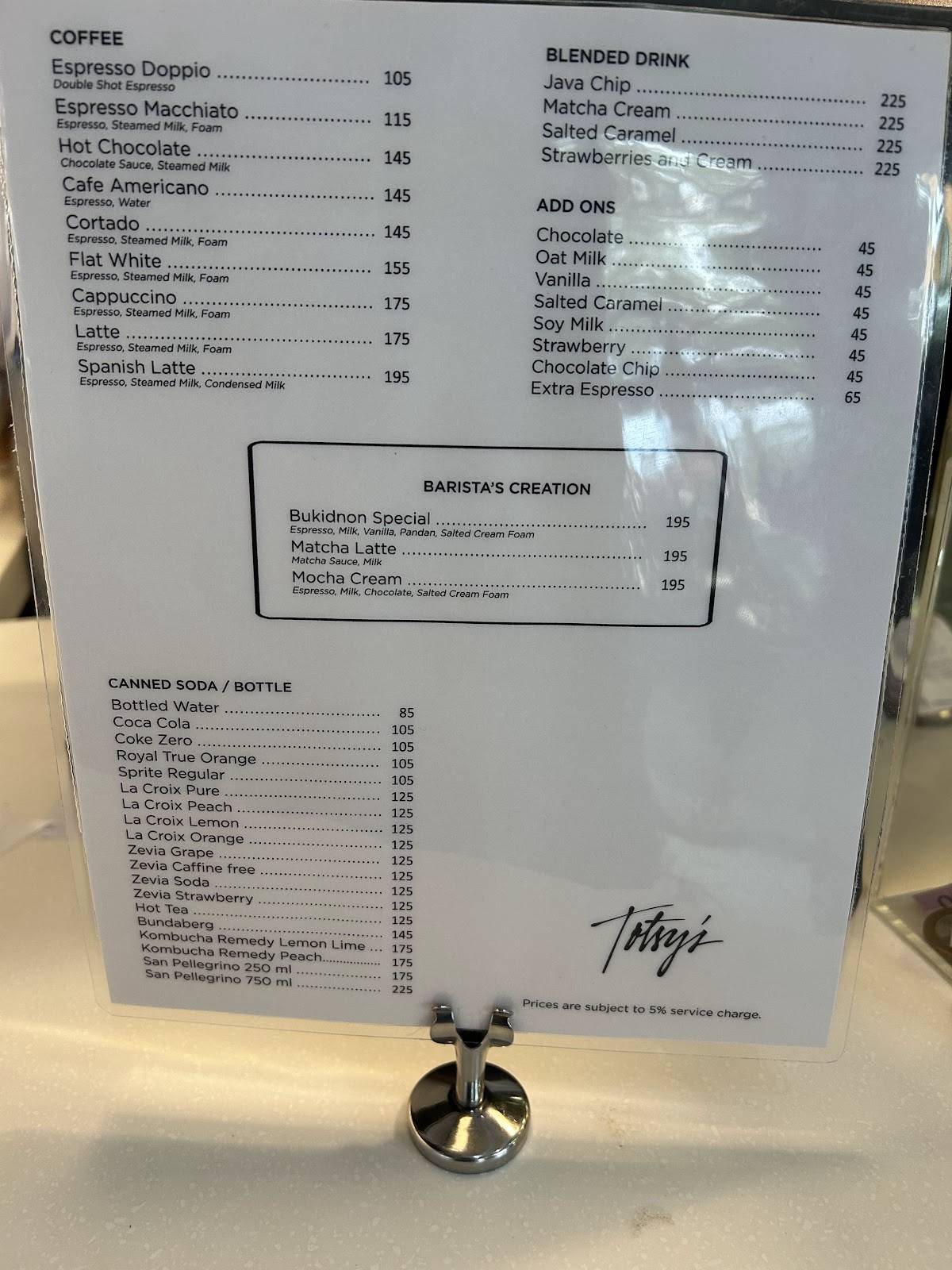 Menu at Totsy's cafe, Valencia City, Sayre Hwy