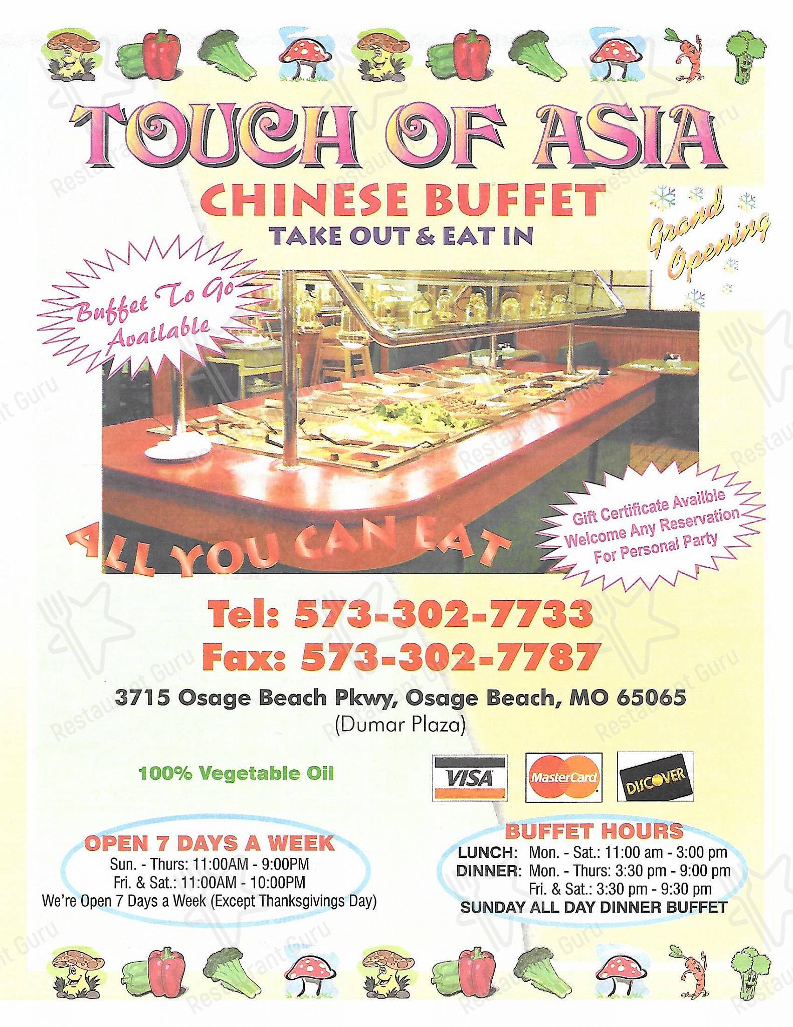 Menu at Touch of Asia Chinese Buffet restaurant, Osage Beach