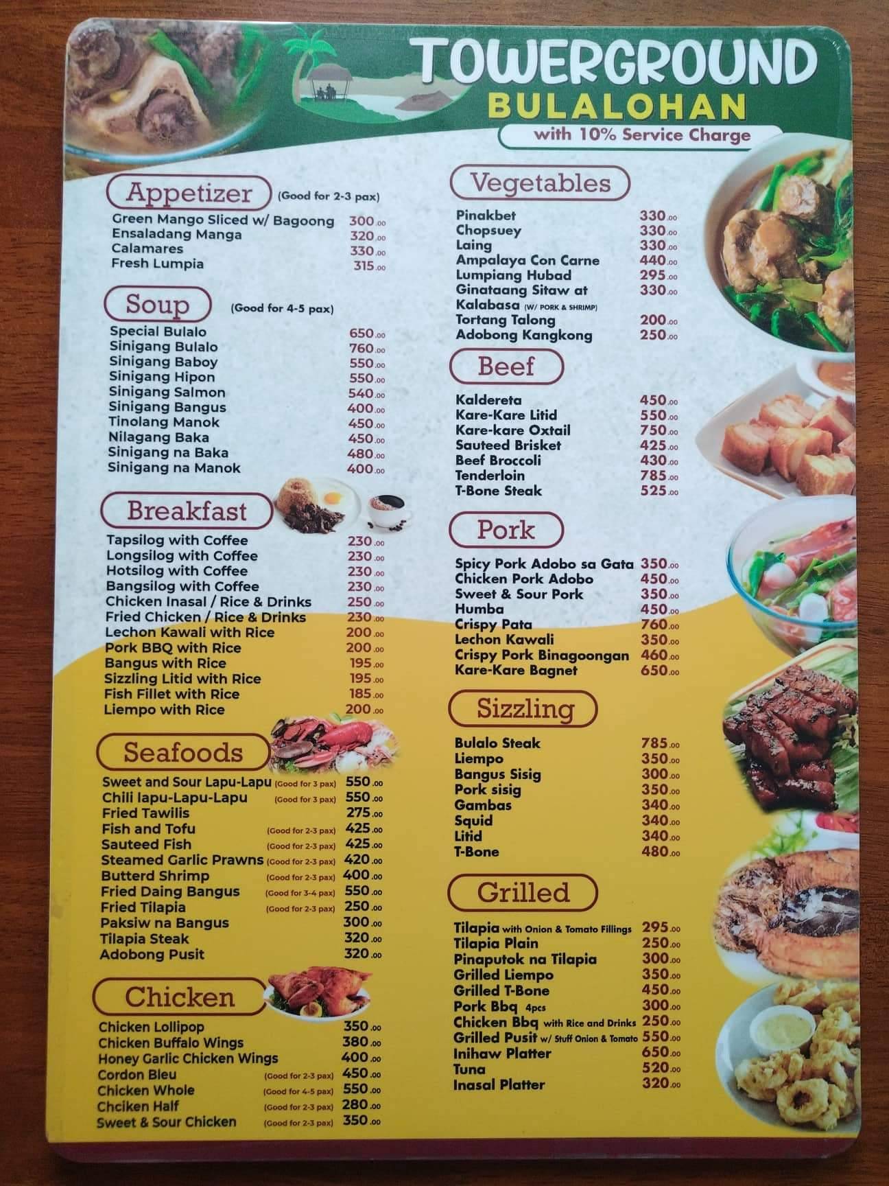 Menu at Tower Ground Bulalohan restaurant, Tagaytay, One Destination