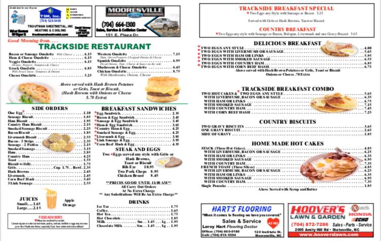 Menu at Trackside Restaurant, Mooresville