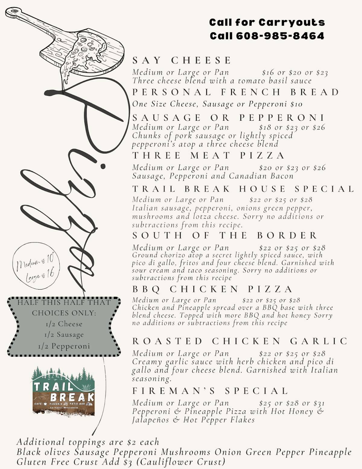 Menu at Trail Break Cafe Pizzeria & Patio Bar, La Valle