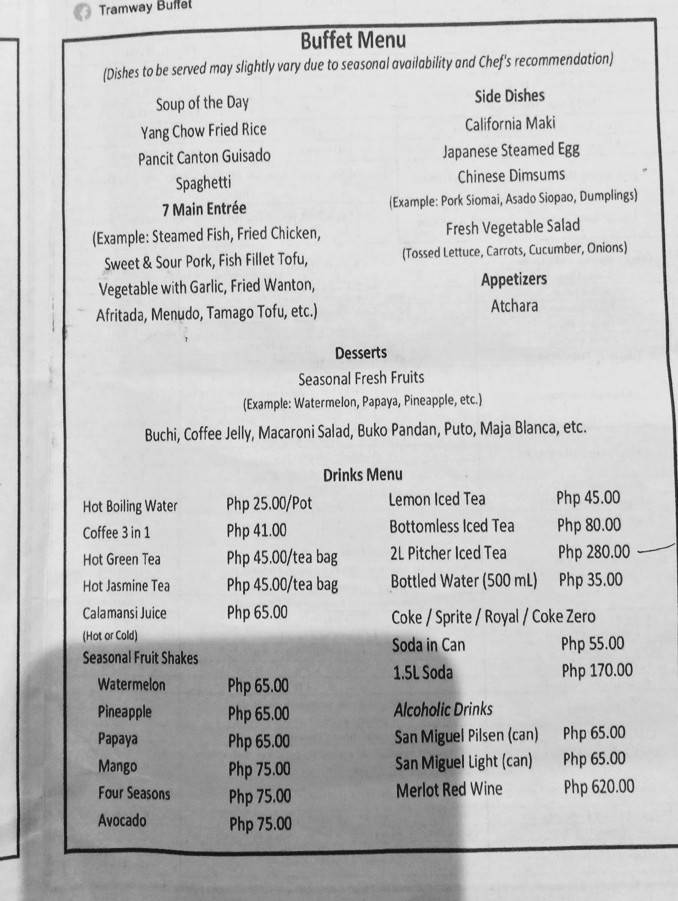 Menu at Tramway Buffet Plaza restaurant, Mandaluyong