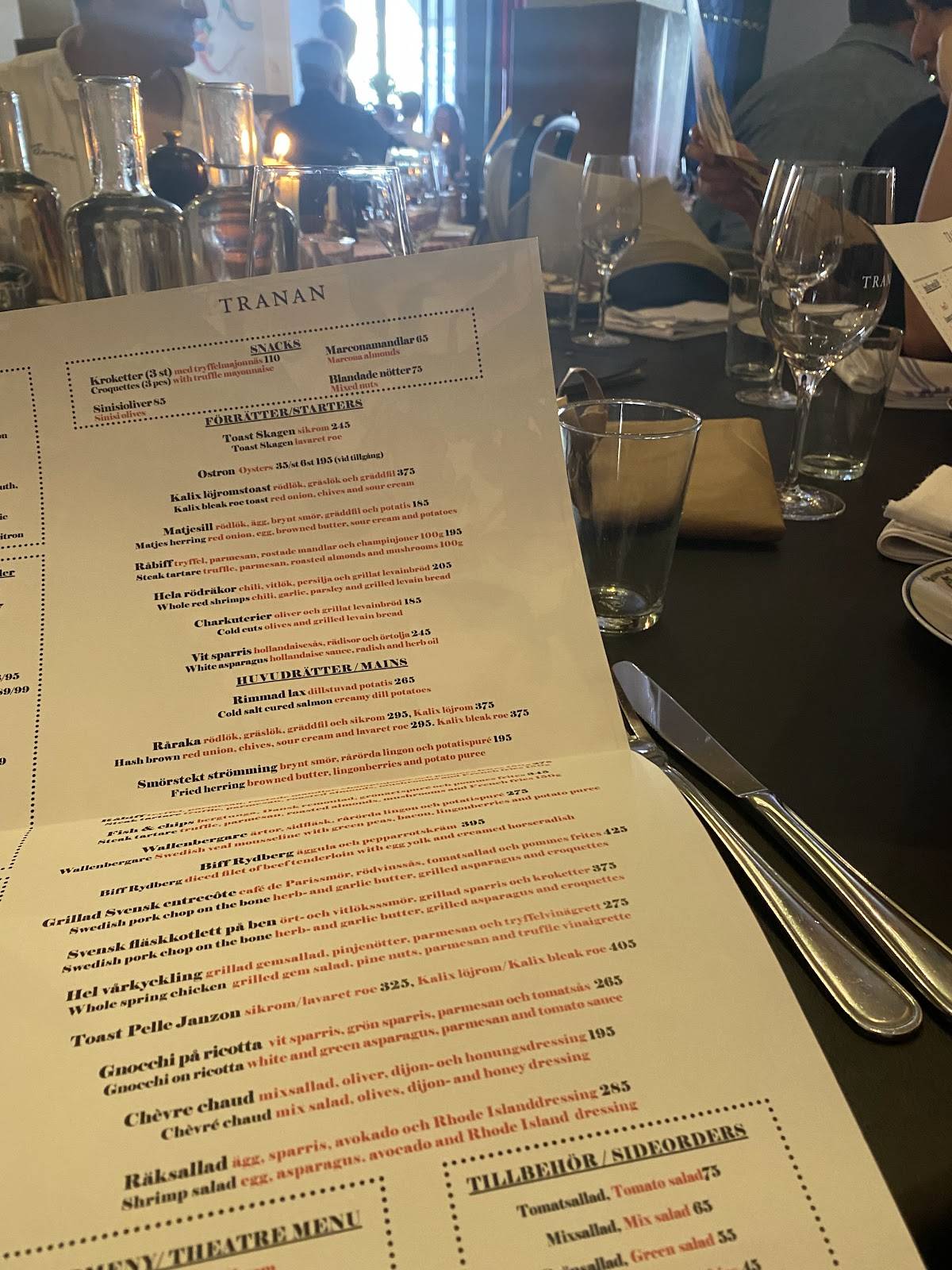 Menu at Tranan restaurant, Stockholm, Karlbergsvägen 14