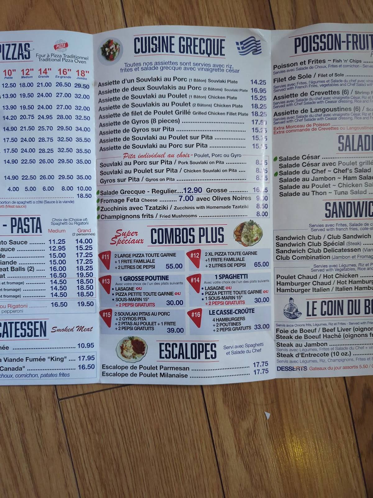 Menu au Trans Canada Pizzeria & Submarine, Montréal