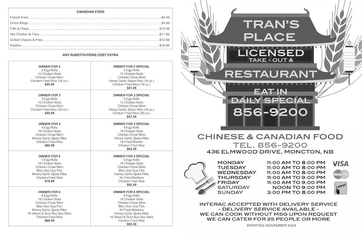 Menu at Tran's Place restaurant, Moncton