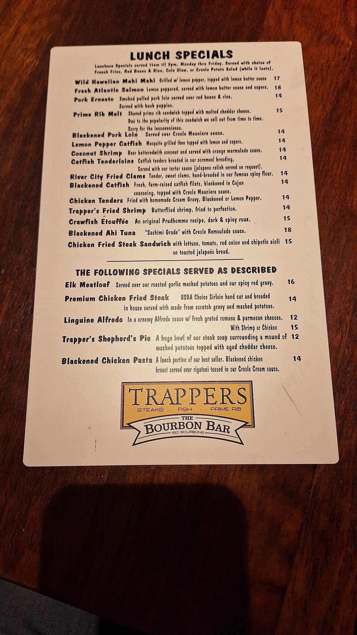 Menu at Trapper's Fishcamp & Grill restaurant, Oklahoma City