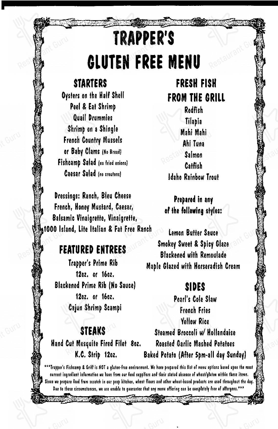 Menu at Trapper's Fishcamp & Grill restaurant, Oklahoma City