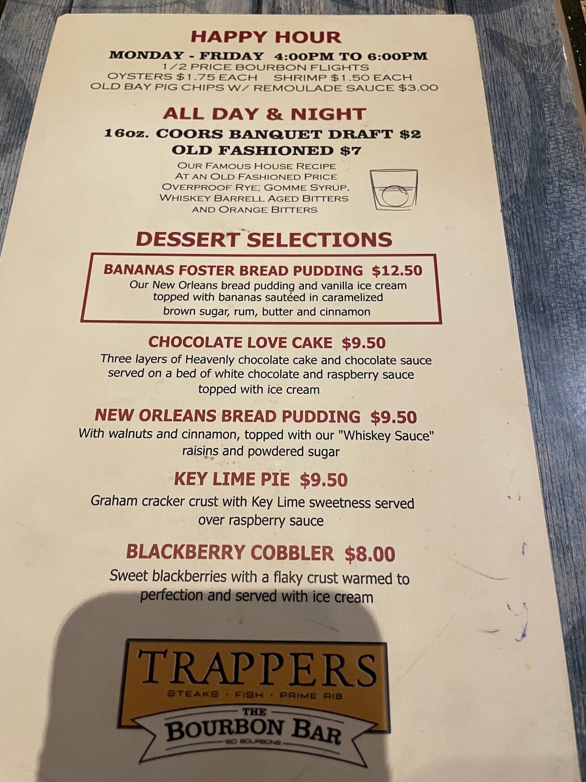 Menu at Trapper's Fishcamp & Grill restaurant, Oklahoma City