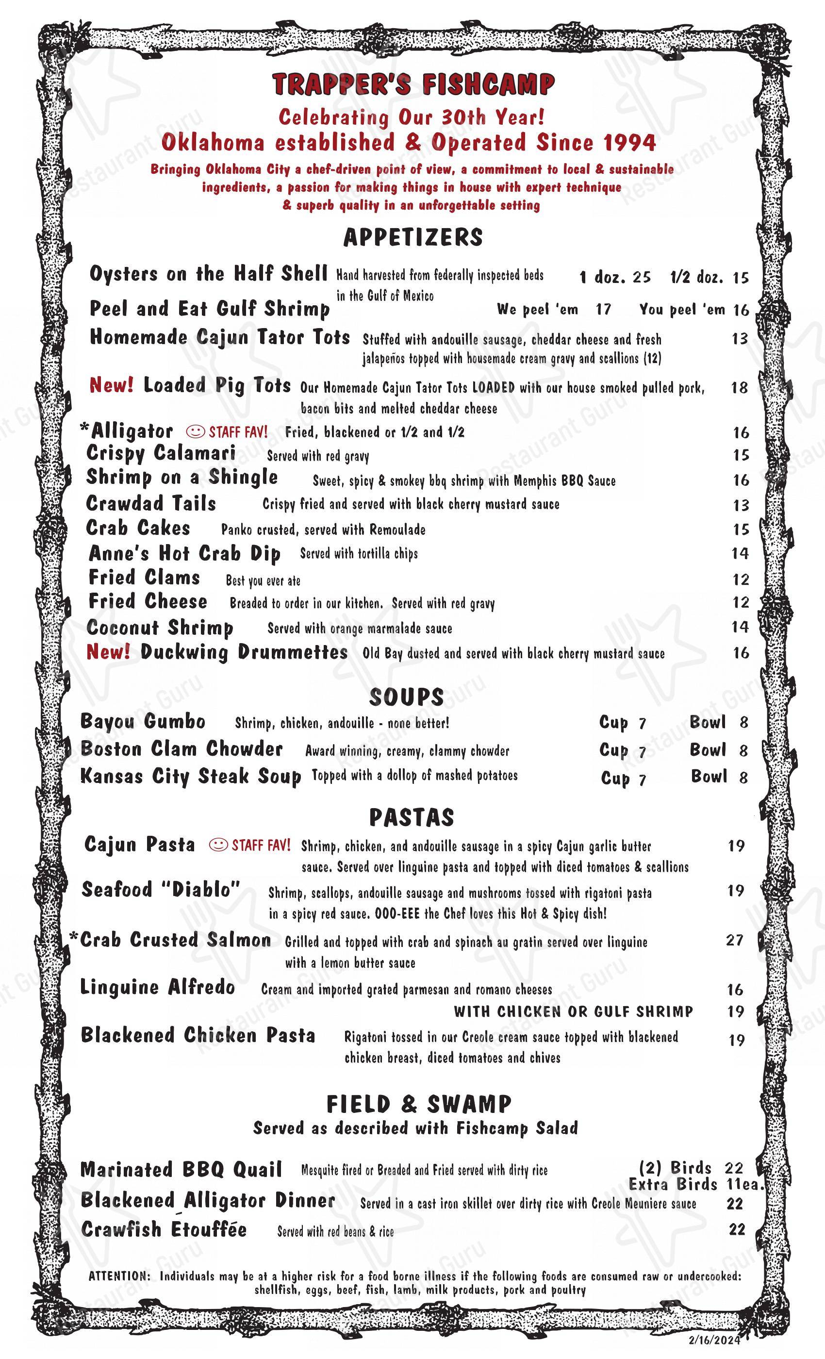 Menu at Trapper's Fishcamp & Grill restaurant, Oklahoma City