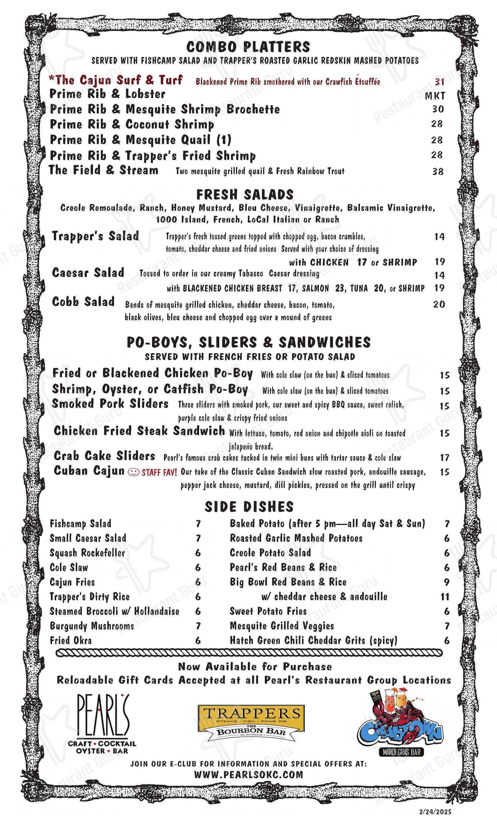 Menu at Trapper's Fishcamp & Grill restaurant, Oklahoma City