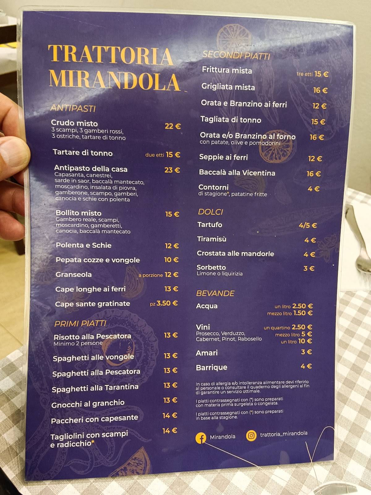 Menu da Trattoria Veneta Mirandola ristorante, Mira