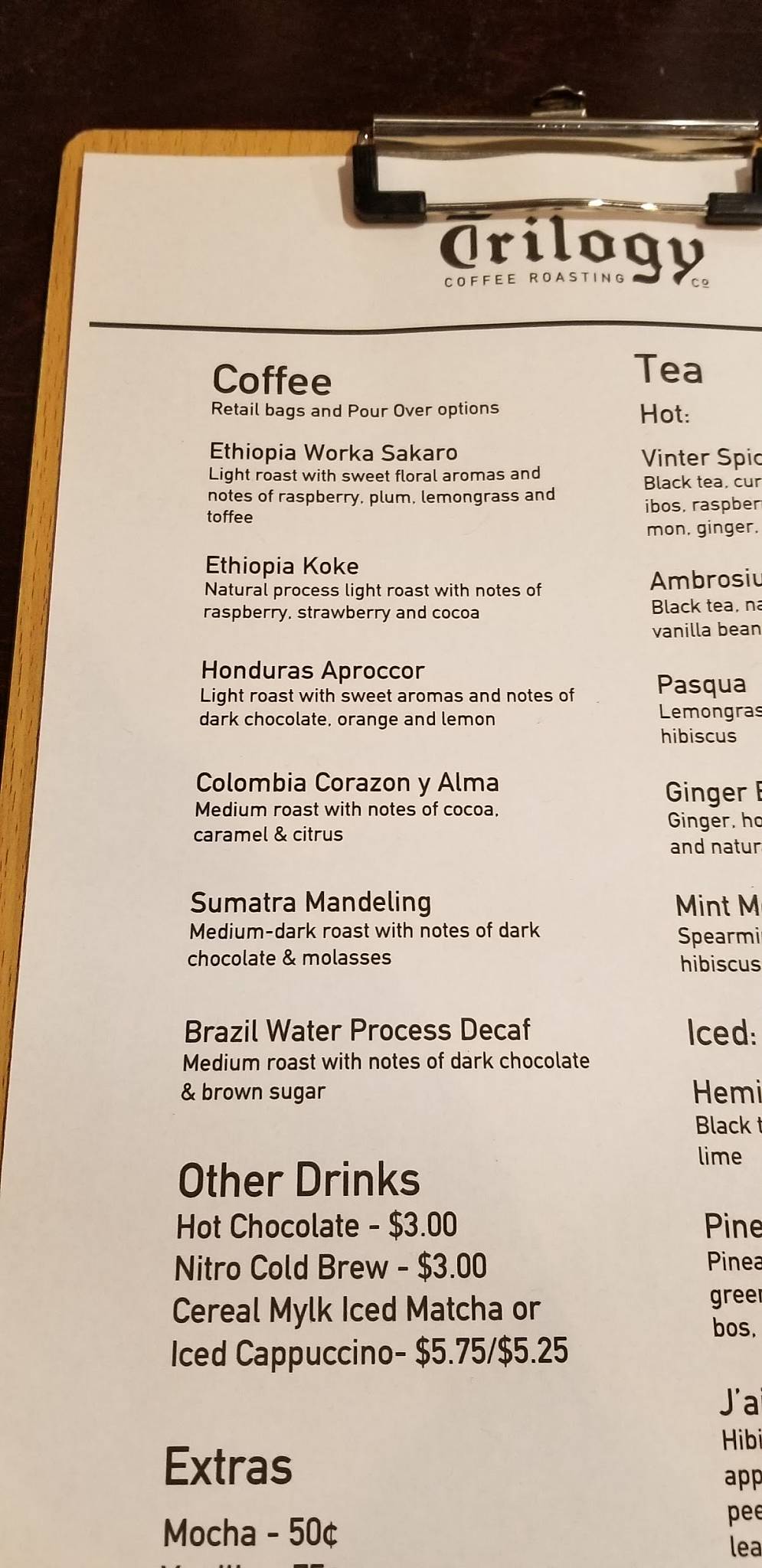 Menu at Trilogy Coffee Roasting Co cafe, DeLand