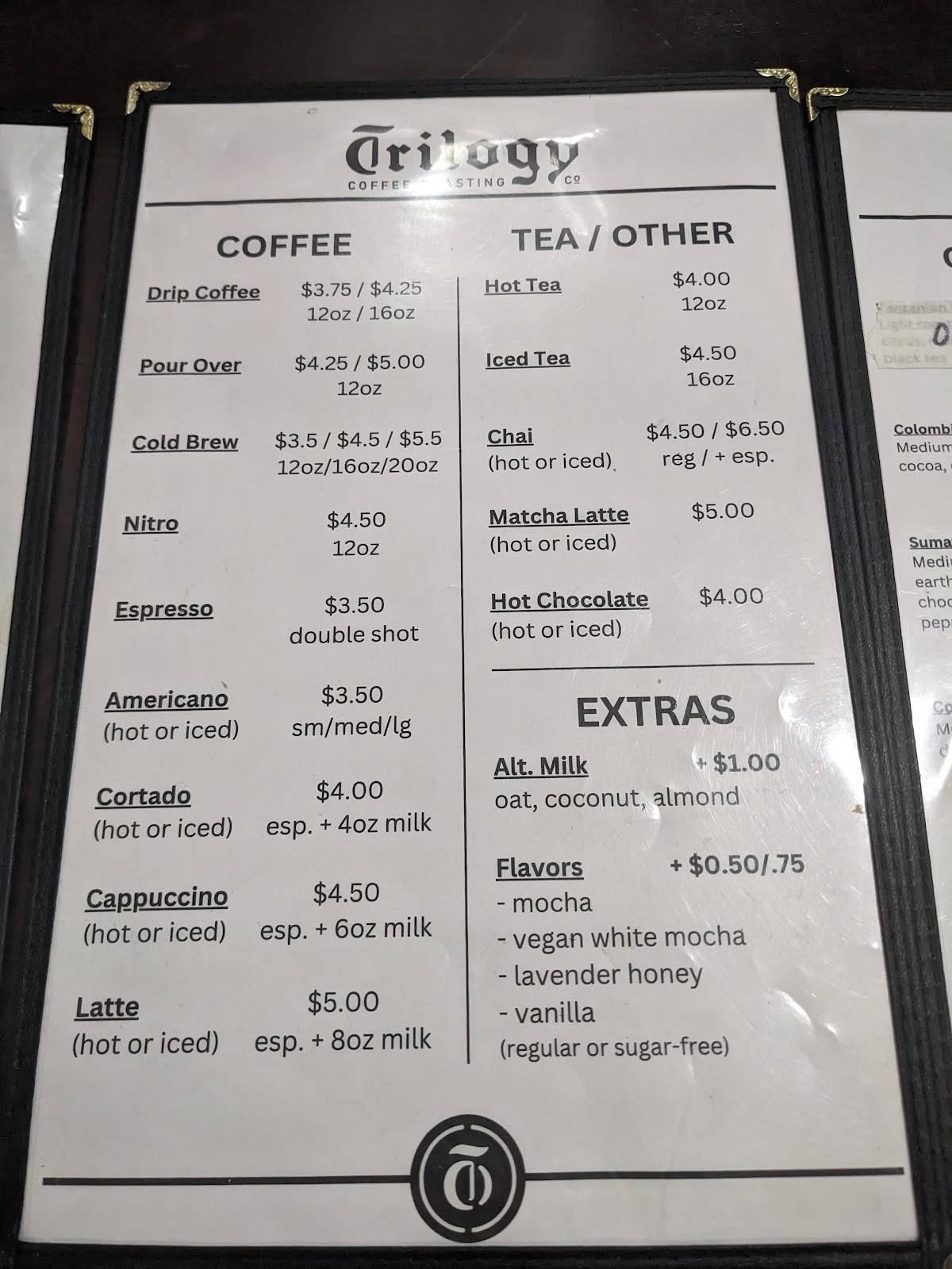 Menu at Trilogy Coffee Roasting Co cafe, DeLand