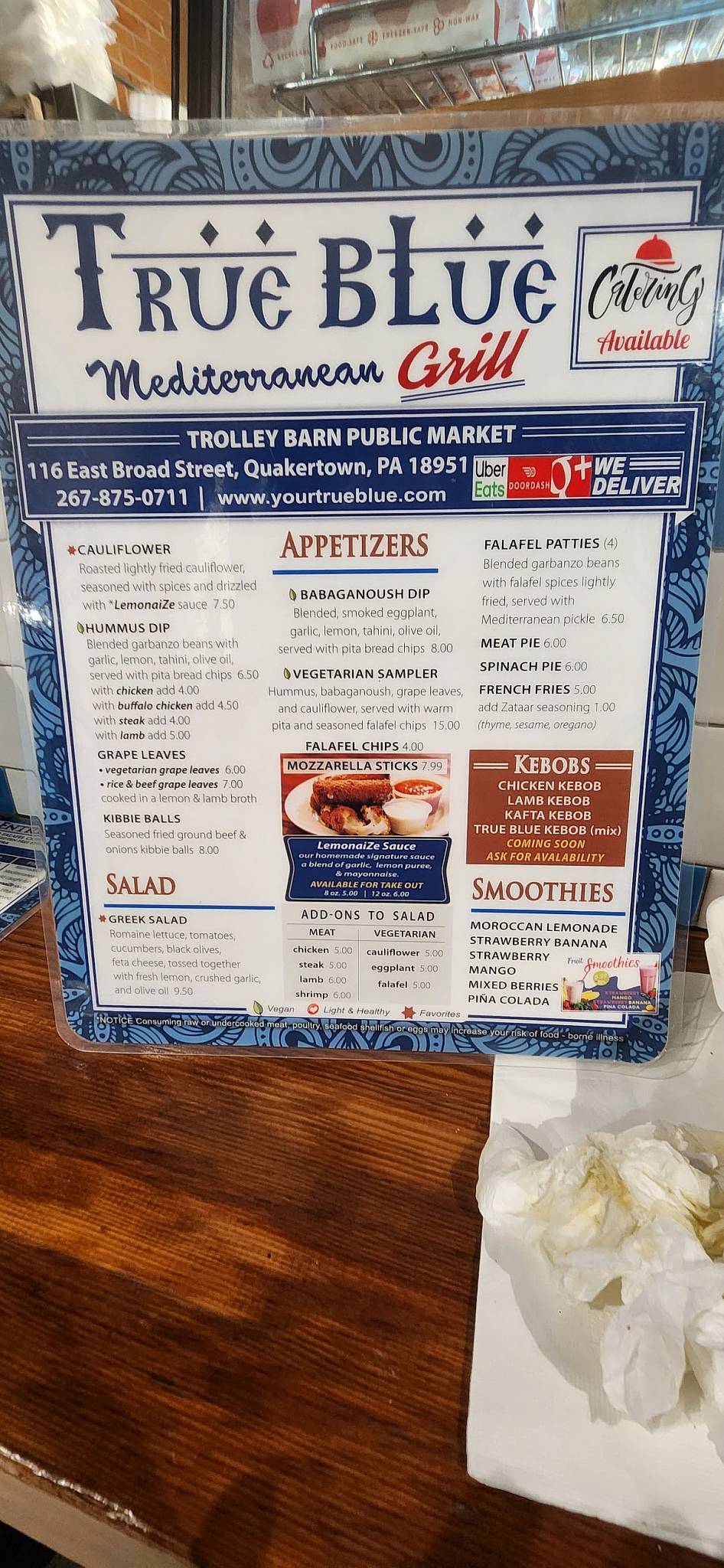 Menu at True Blue Mediterranean Grill restaurant, Quakertown