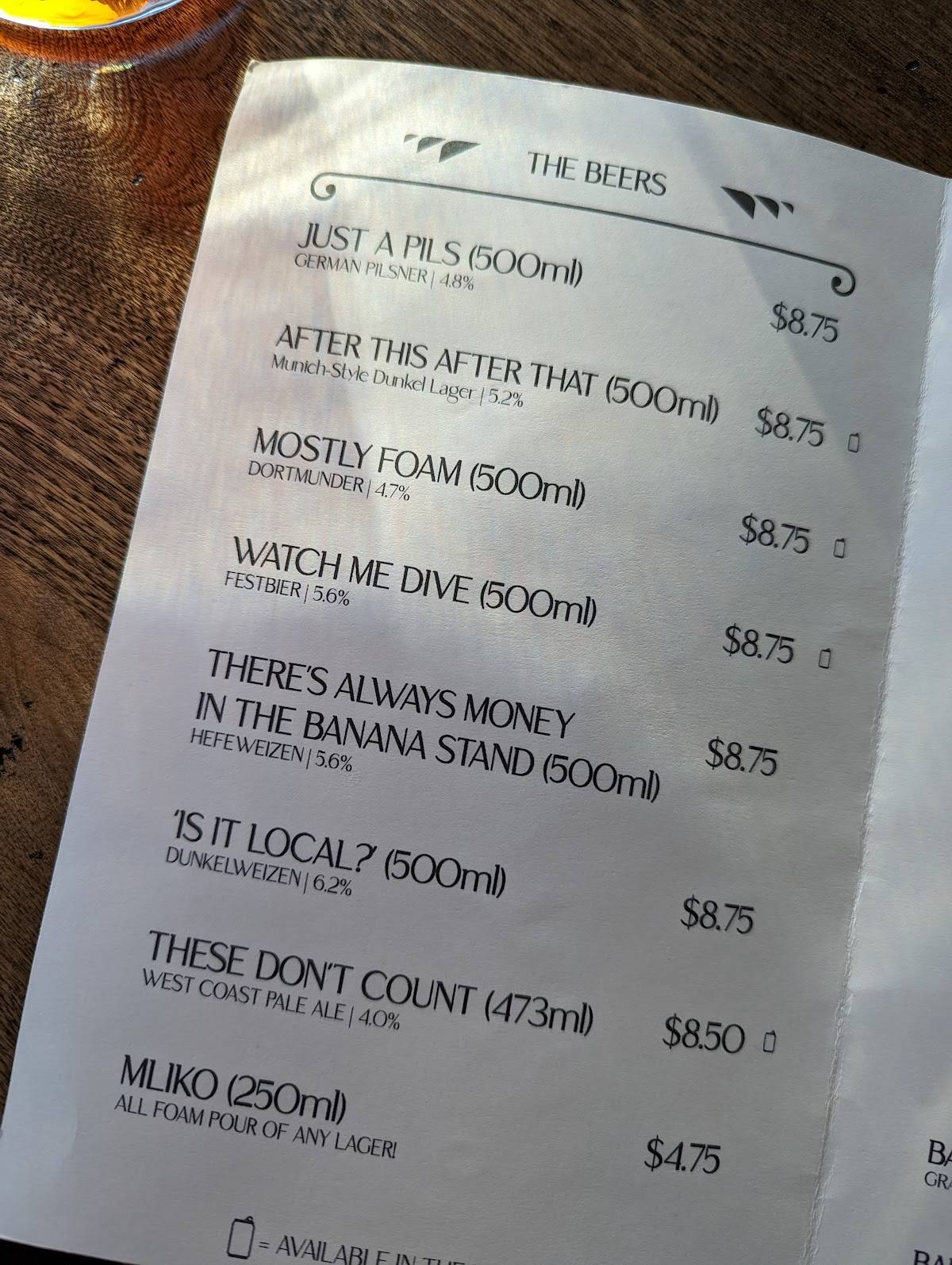 Menu au True History Brewing, Toronto