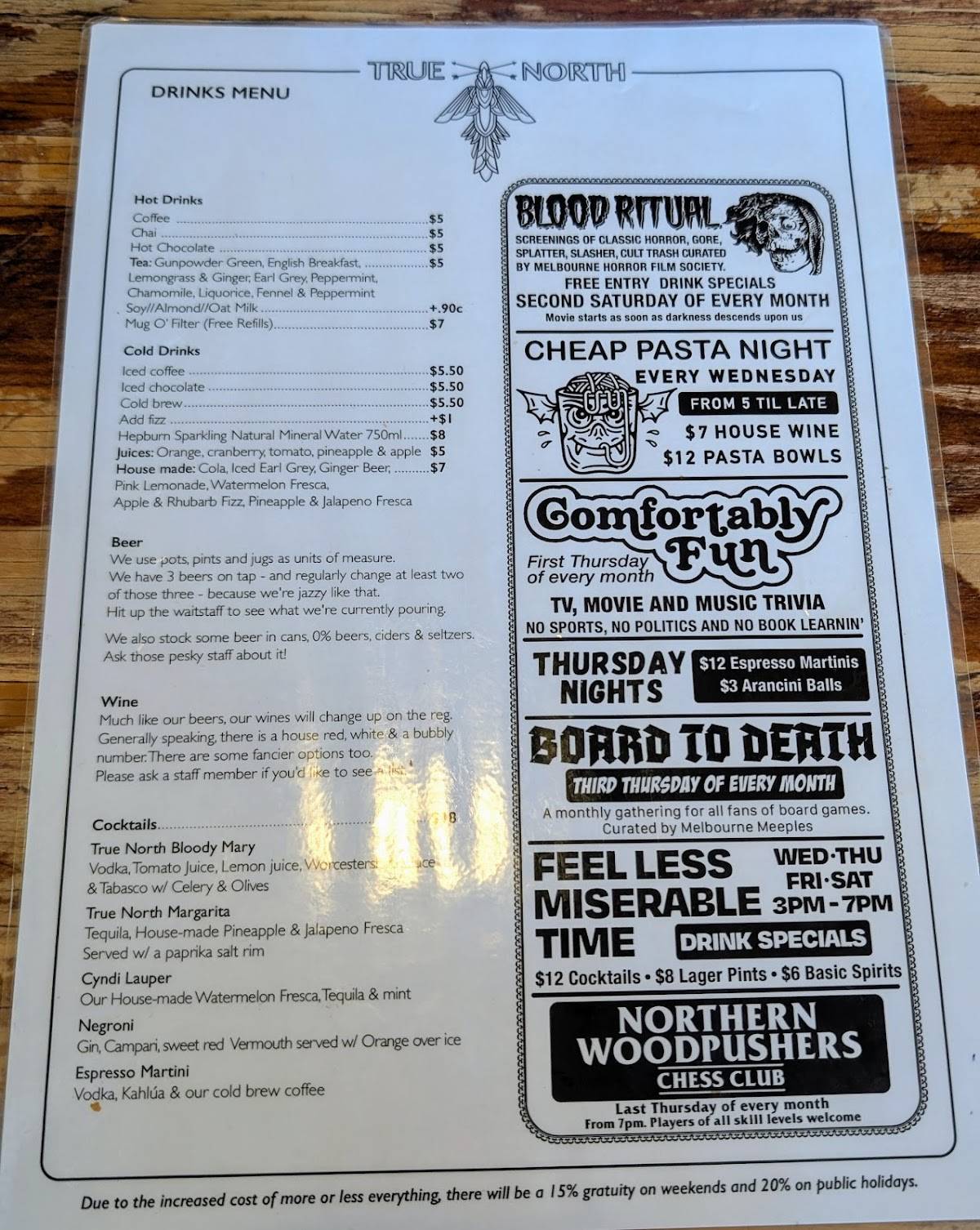 Menu at True North restaurant, Coburg