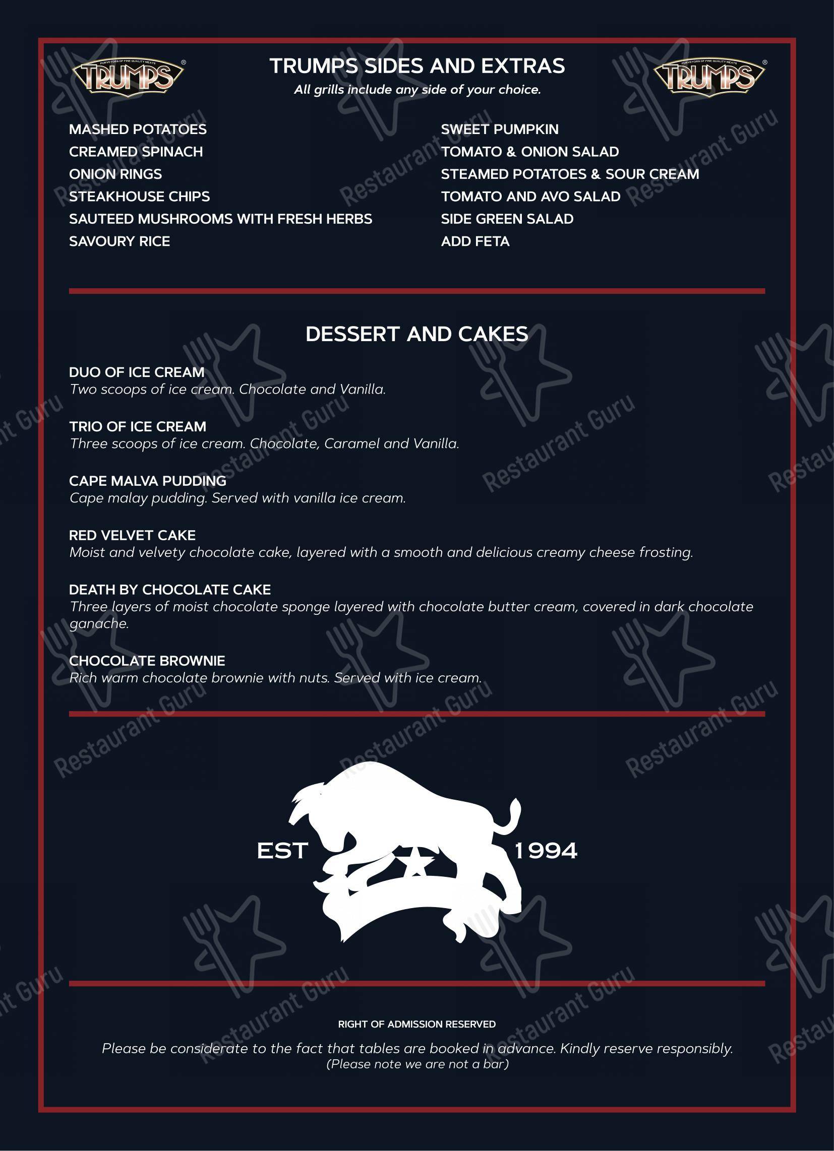 Menu at Trumps Grillhouse and Butchery pub & bar, Sandton