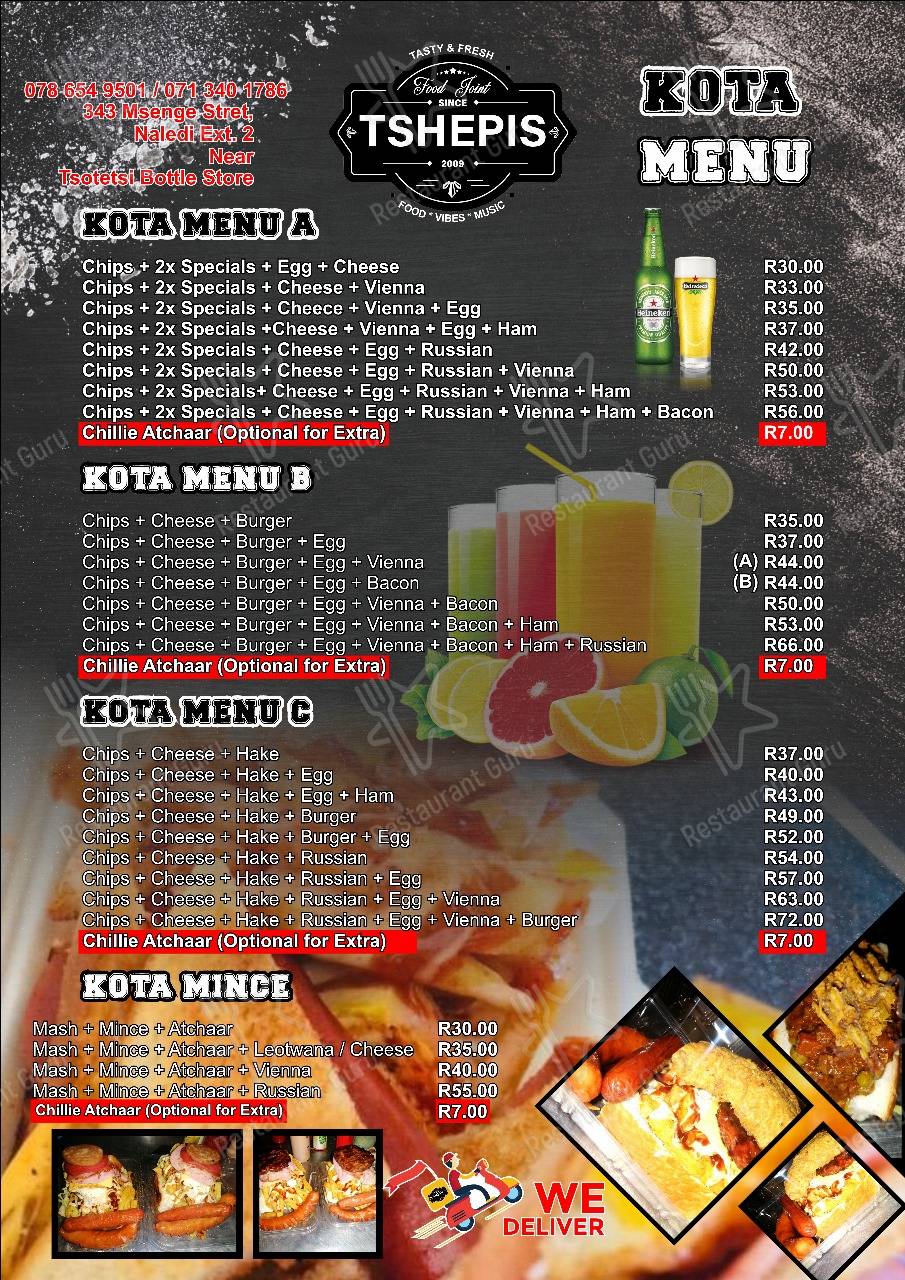 Menu at Tshepis Food-joint restaurant, Soweto