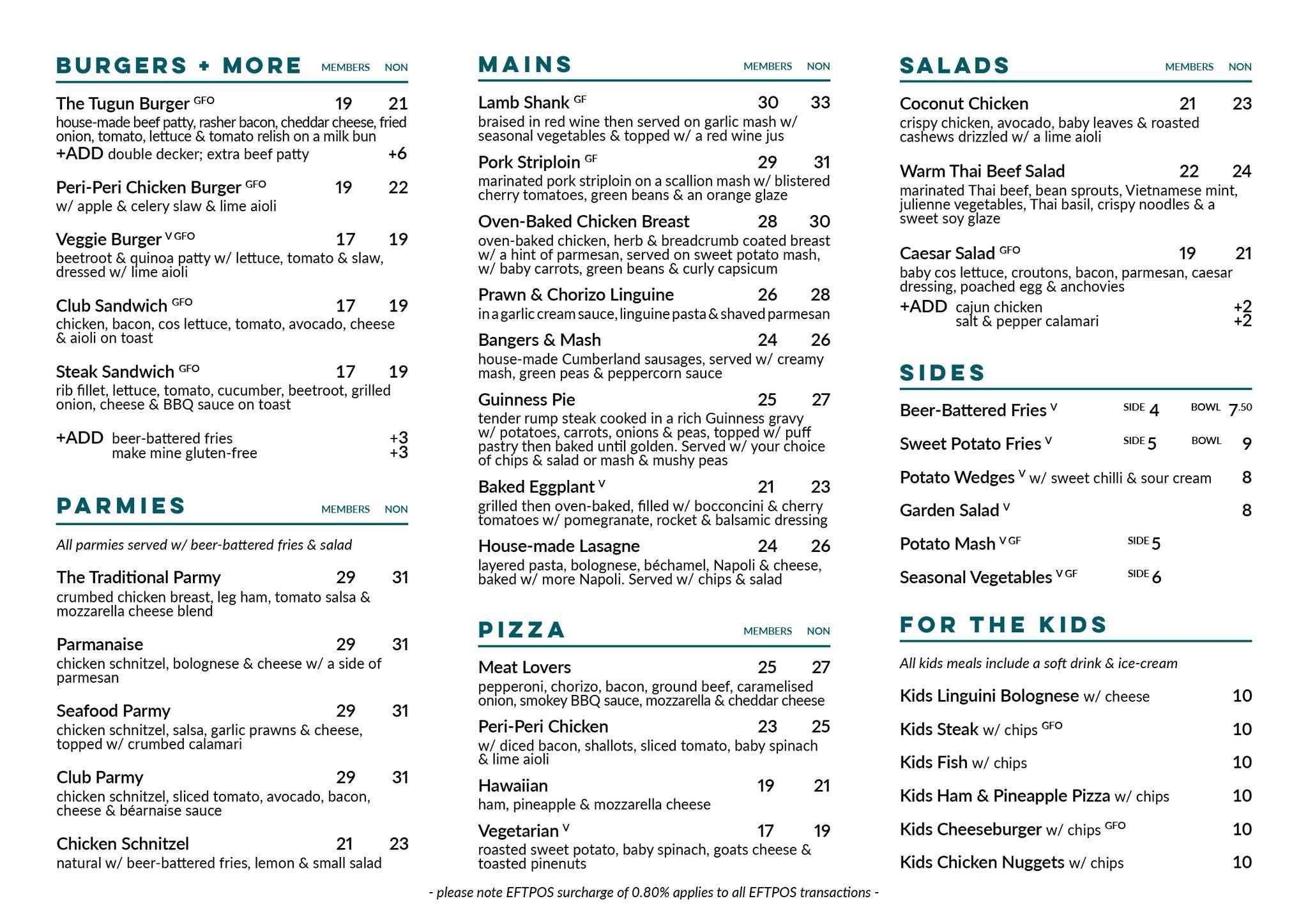 Menu at Tugun Tavern restaurant, Tugun