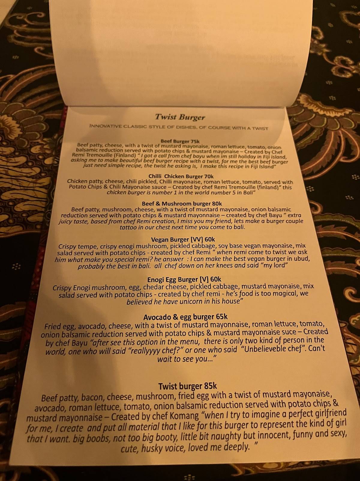 Carta del restaurante Twist Ubud, Gianyar
