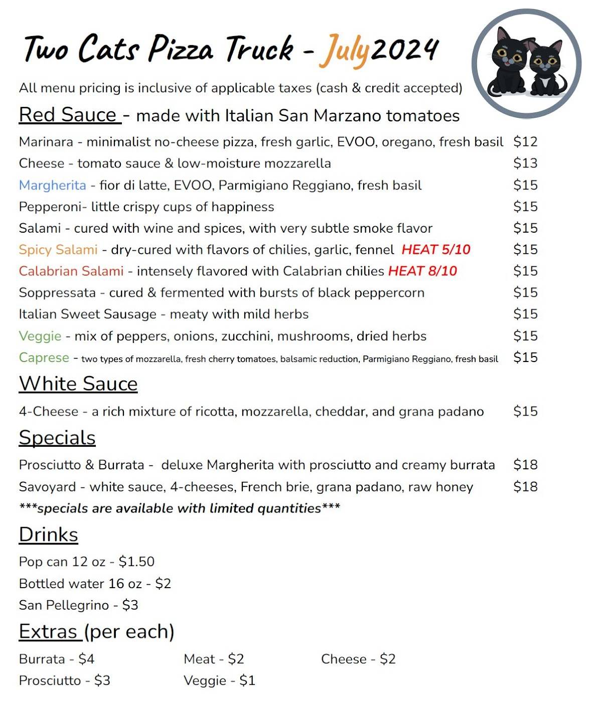 Menu at Two Cats Pizza Truck restaurant, Streetsboro
