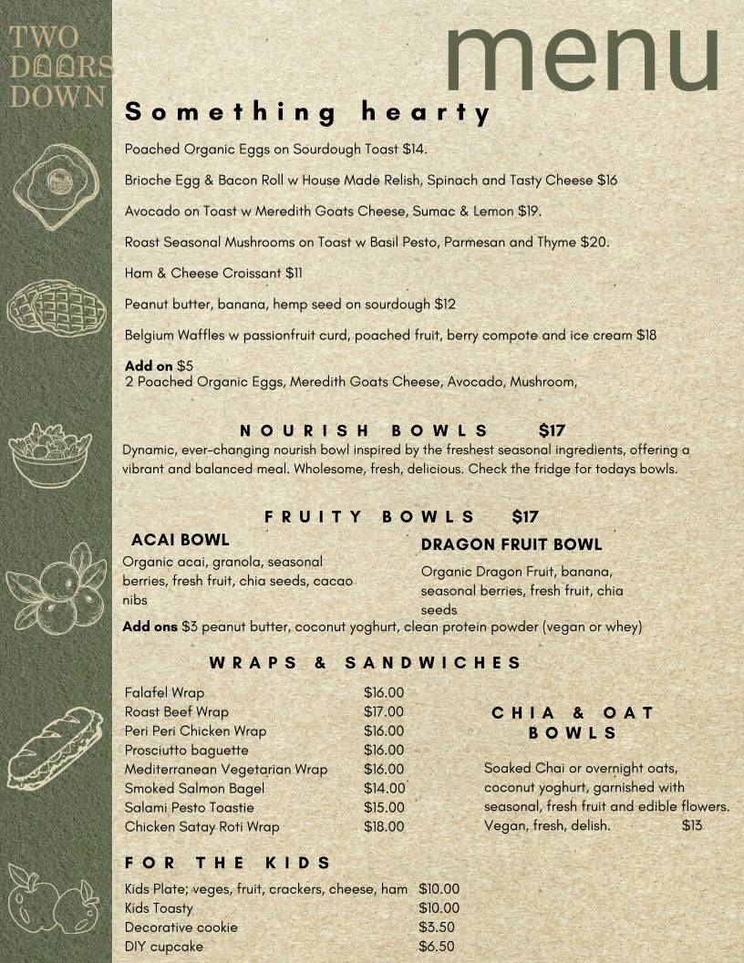 Menu at Two Doors Down Ocean Grove, Ocean Grove