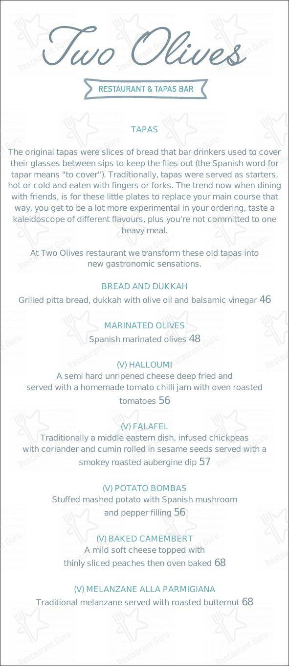 Menu at Two Olives restaurant, Port Elizabeth