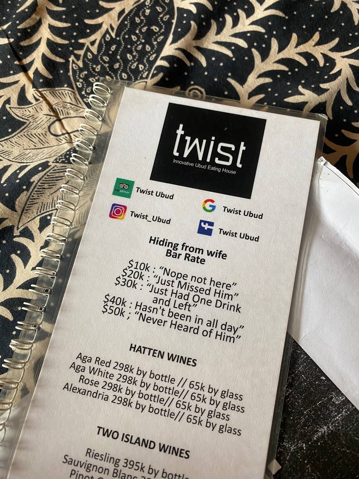 Carta del restaurante Twist Ubud, Gianyar