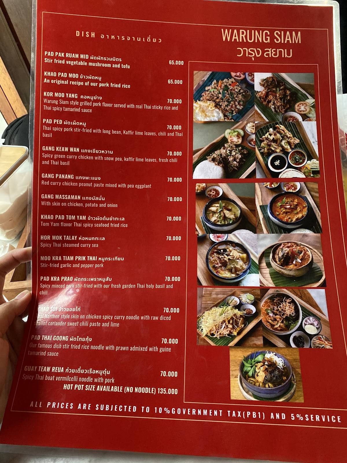 Menu at Warung Siam restaurant, Ubud