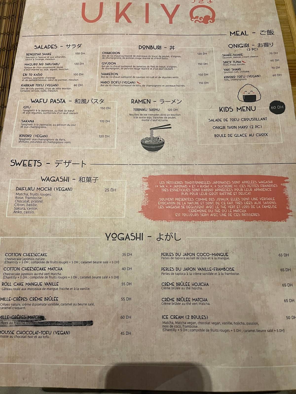 Menu au Ukiyo restaurant, Casablanca