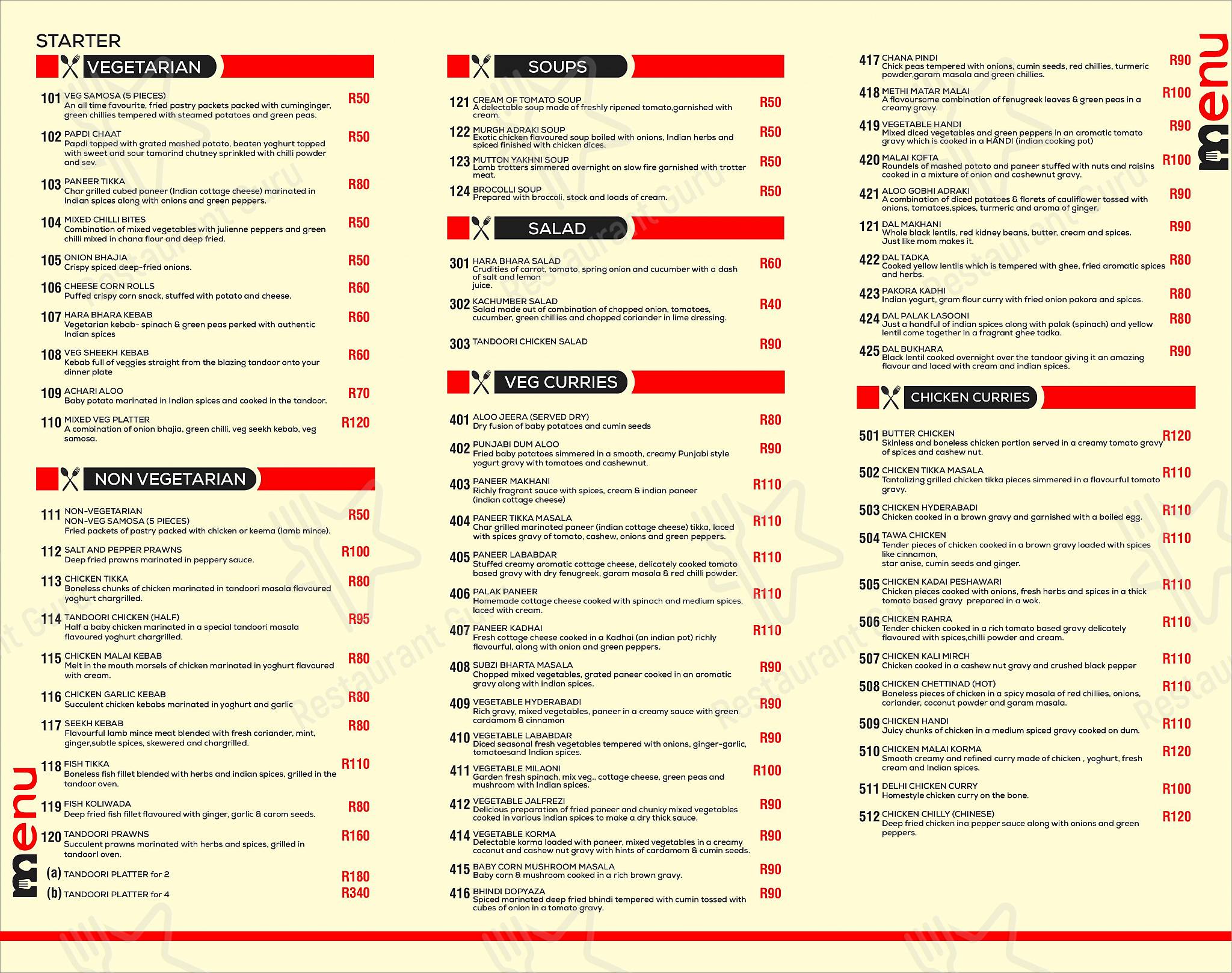 Menu at Sondela Buffet Restaurant, Verulam