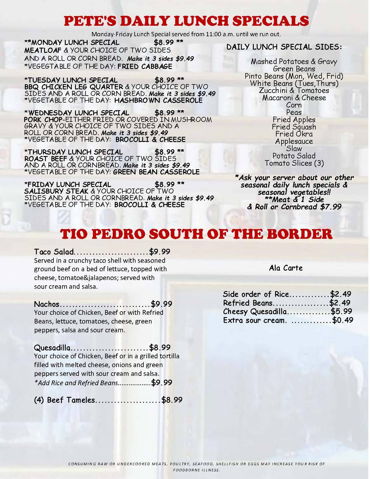 Menu at Uncle Pete's Restaurant, Lebanon