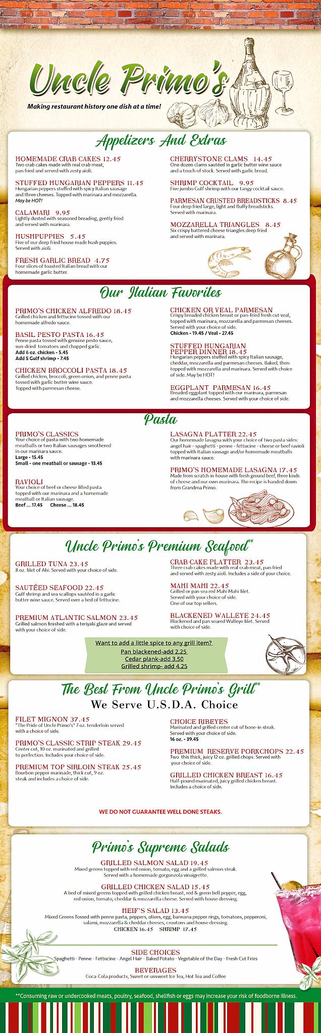 Menu at Uncle Primo's steakhouse, New Philadelphia